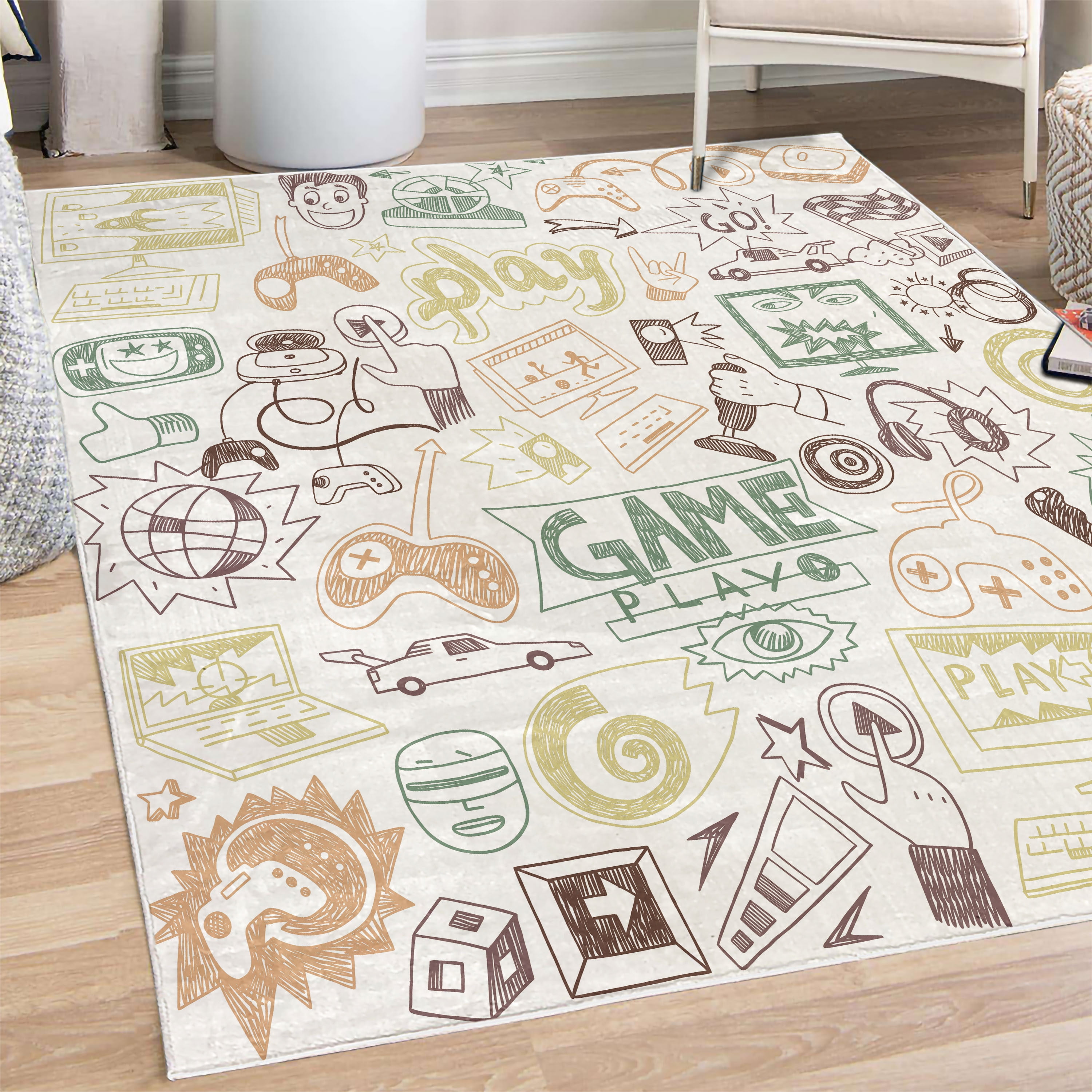 Video Games Decorative Rug, Monochrome Sketch Gaming Design Racing ...