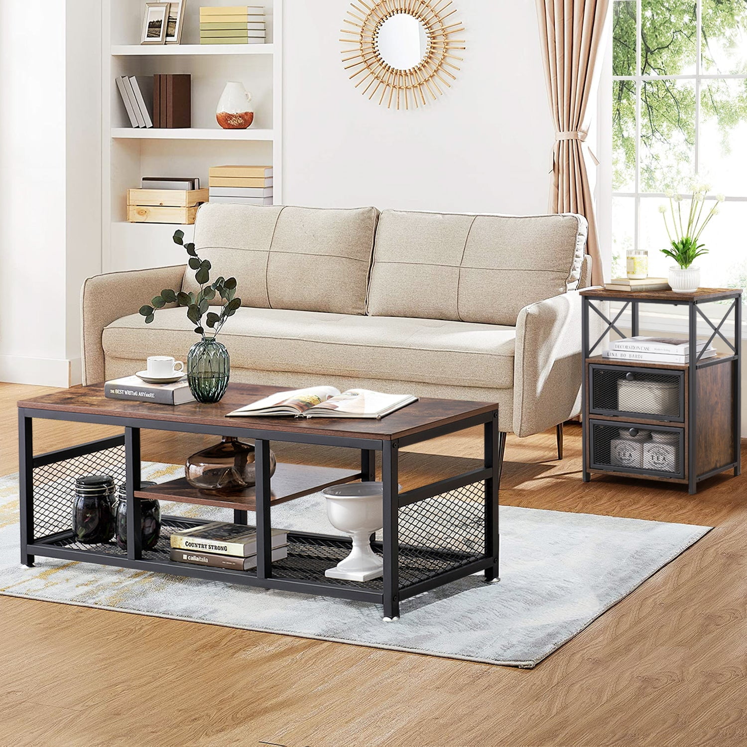 VECELO 2 Pieces Coffee Table Set with End Table, Industrial Living Room ...