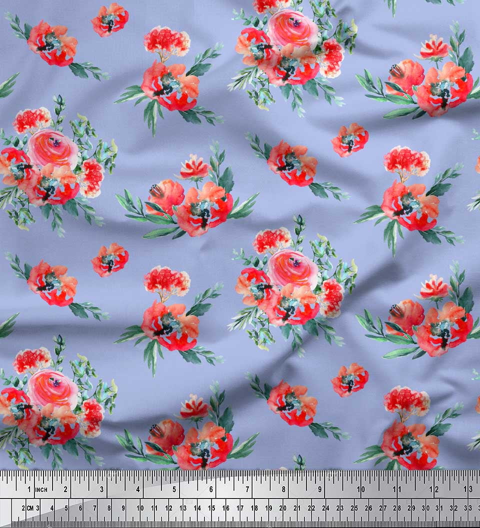 Soimoi Blue Poly Georgette Fabric Leaves & Ranunculus Floral Print ...