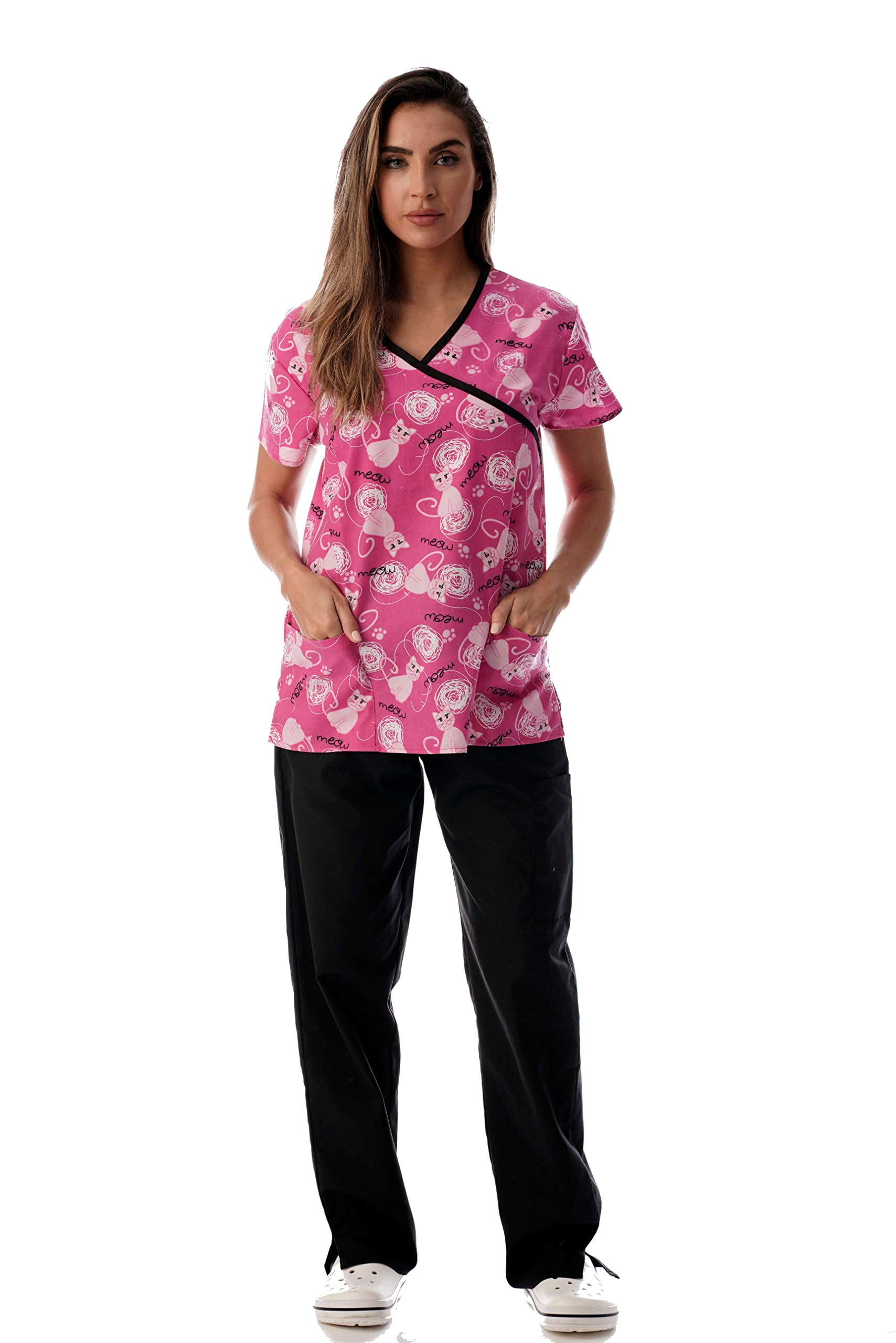 Just Love Nursing Scrubs Set for Women Print Scrubs (Pink Cat Meow With ...