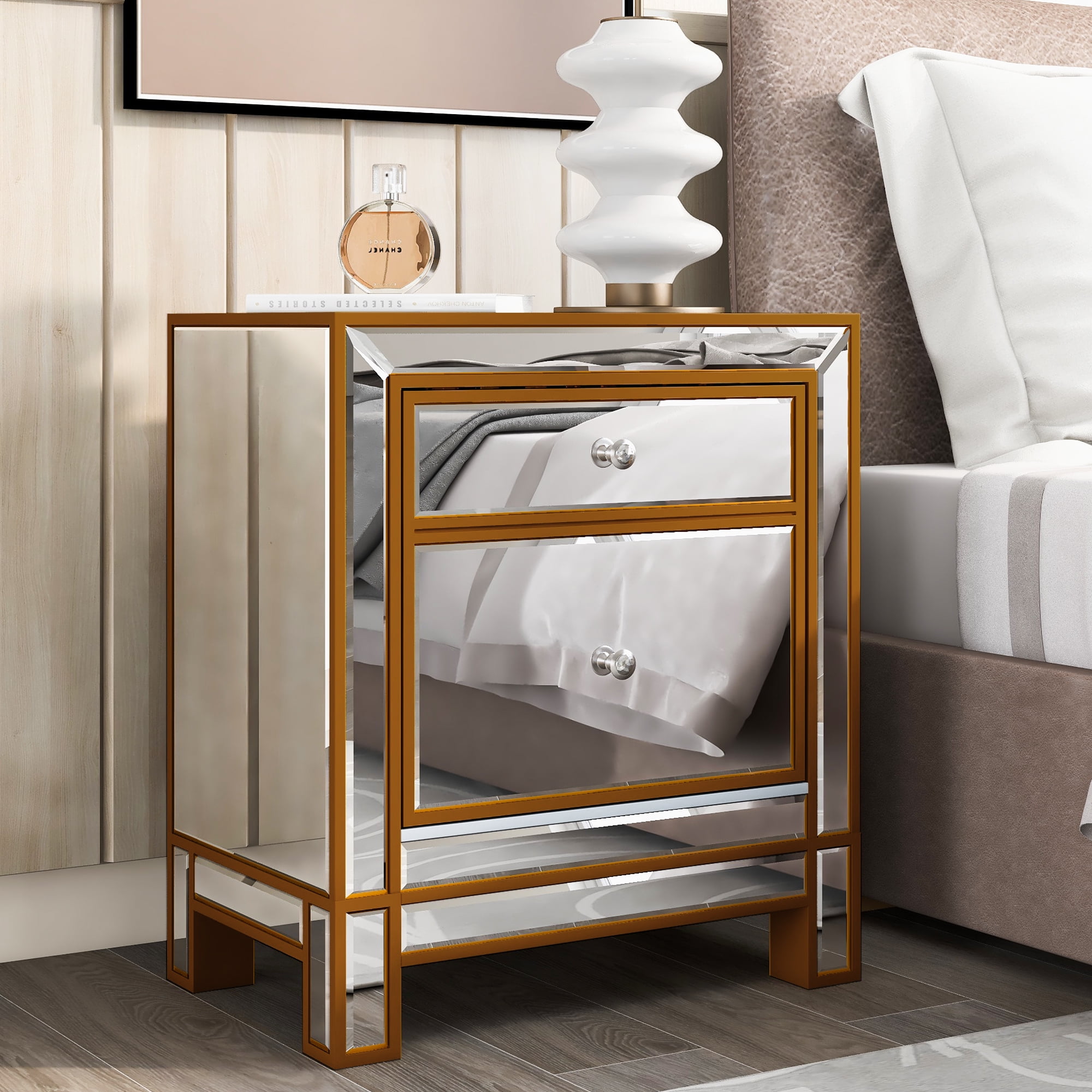 Modern Mirrored Nightstand with 2 Storage Cabinets for Living Room ...