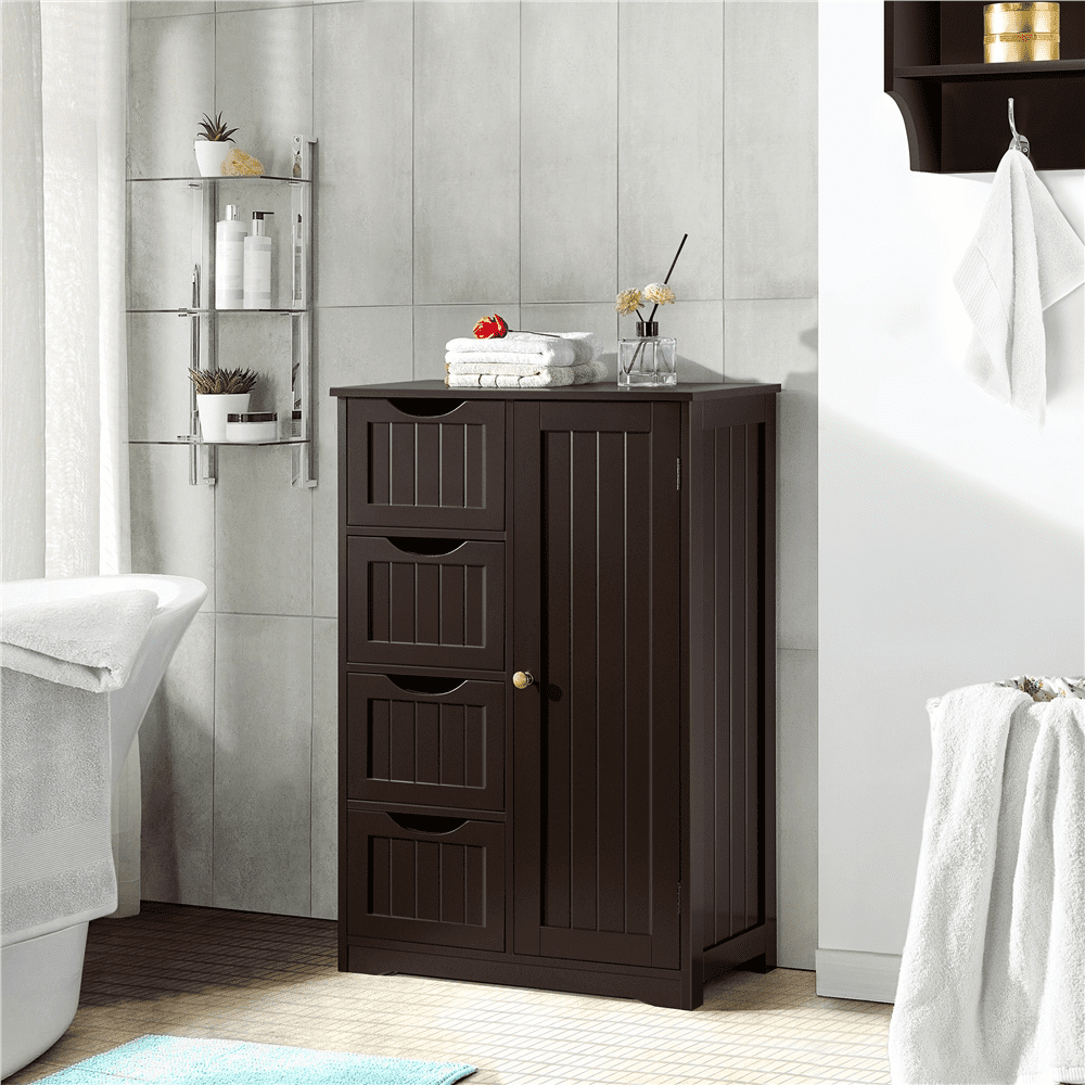 Alden Design Wooden Bathroom Storage Cabinet with 4 Drawers & Cupboard ...
