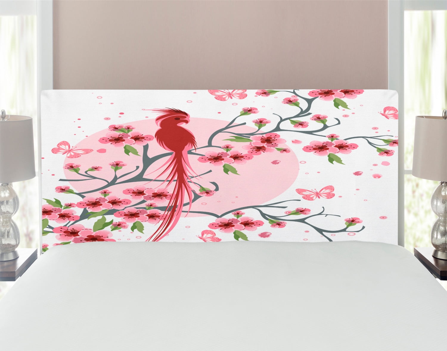 Japanese Headboard, Mythical Long Lived Phoenix Bird on Floral Sakura ...