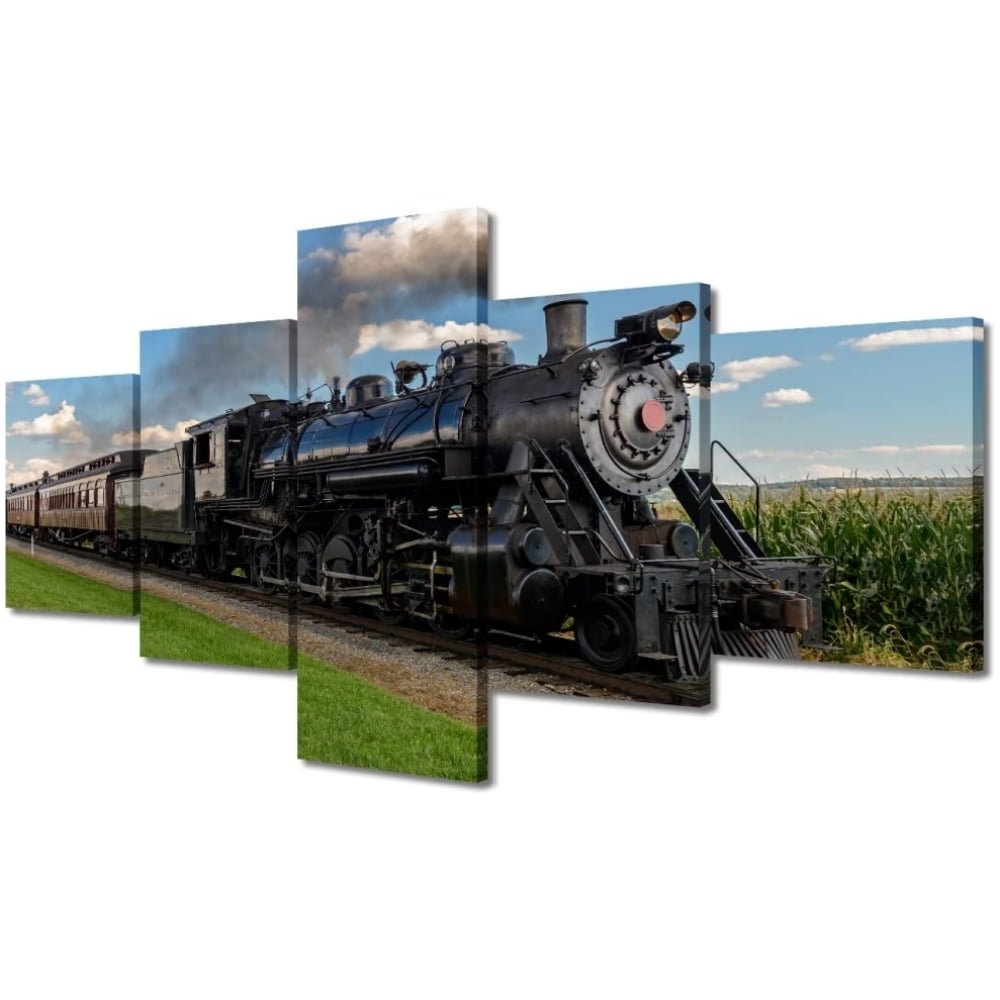 TISHIRON 5PCS Framed Steam TrainTheme Canvas Wall Art Set,50"x24" Steam ...