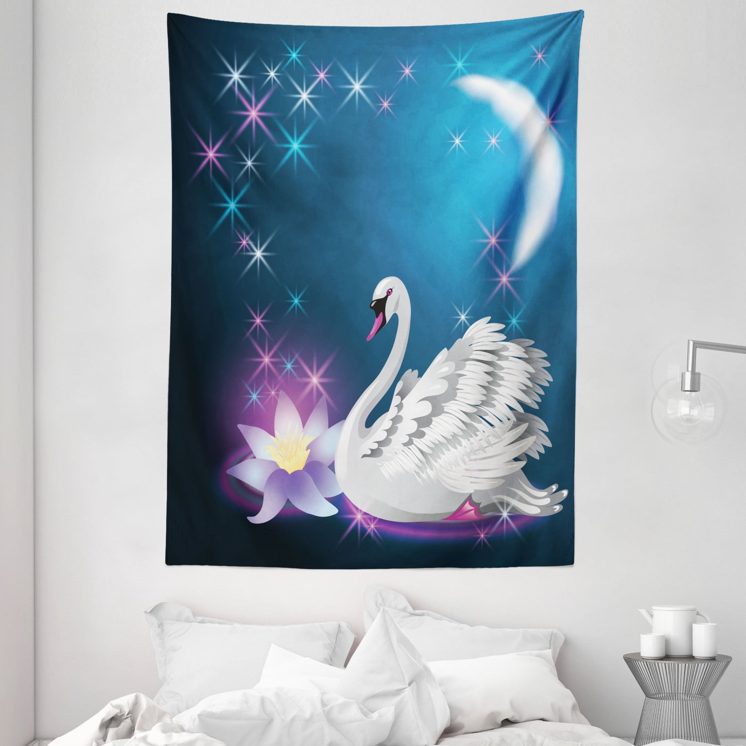 Swan Tapestry, Magic Lily and Fairy Swan at Night Swimming in Lake ...