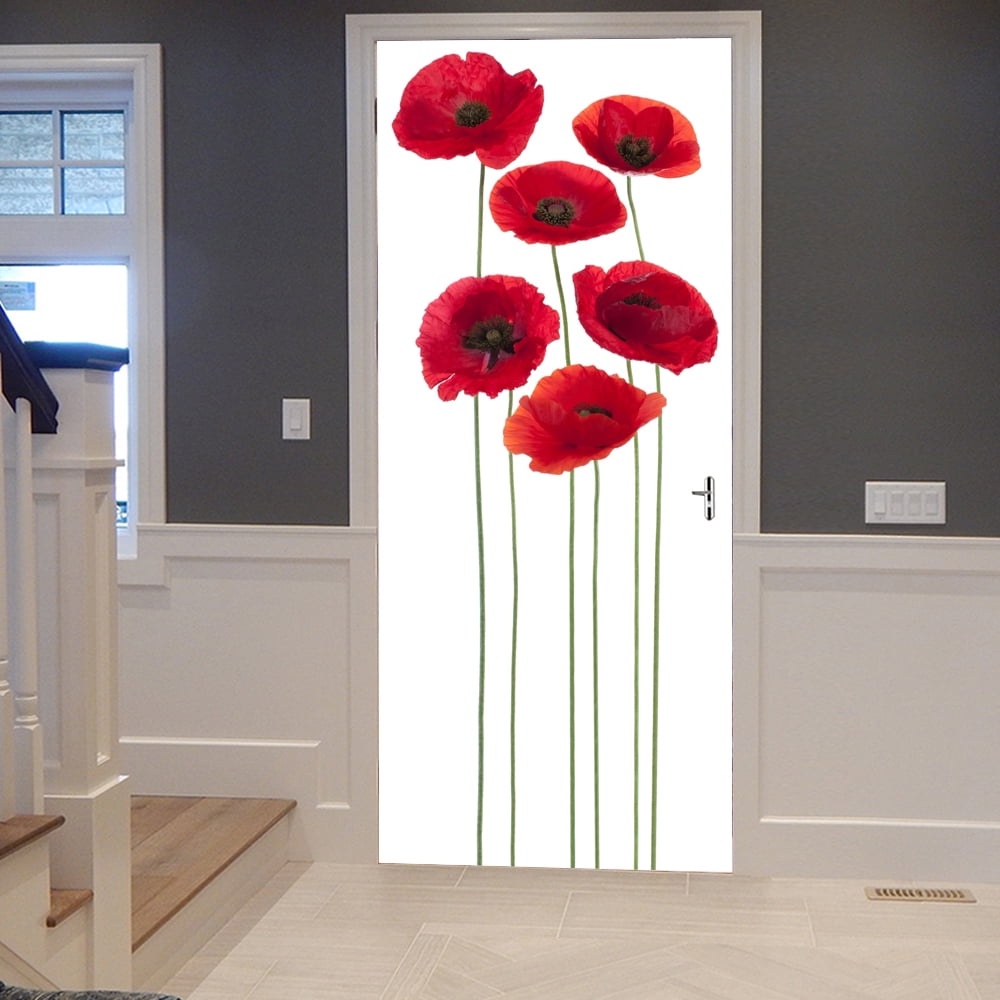 3D Door Mural Sticker Beautiful Red Flowers Vivid Color Plants Wall ...