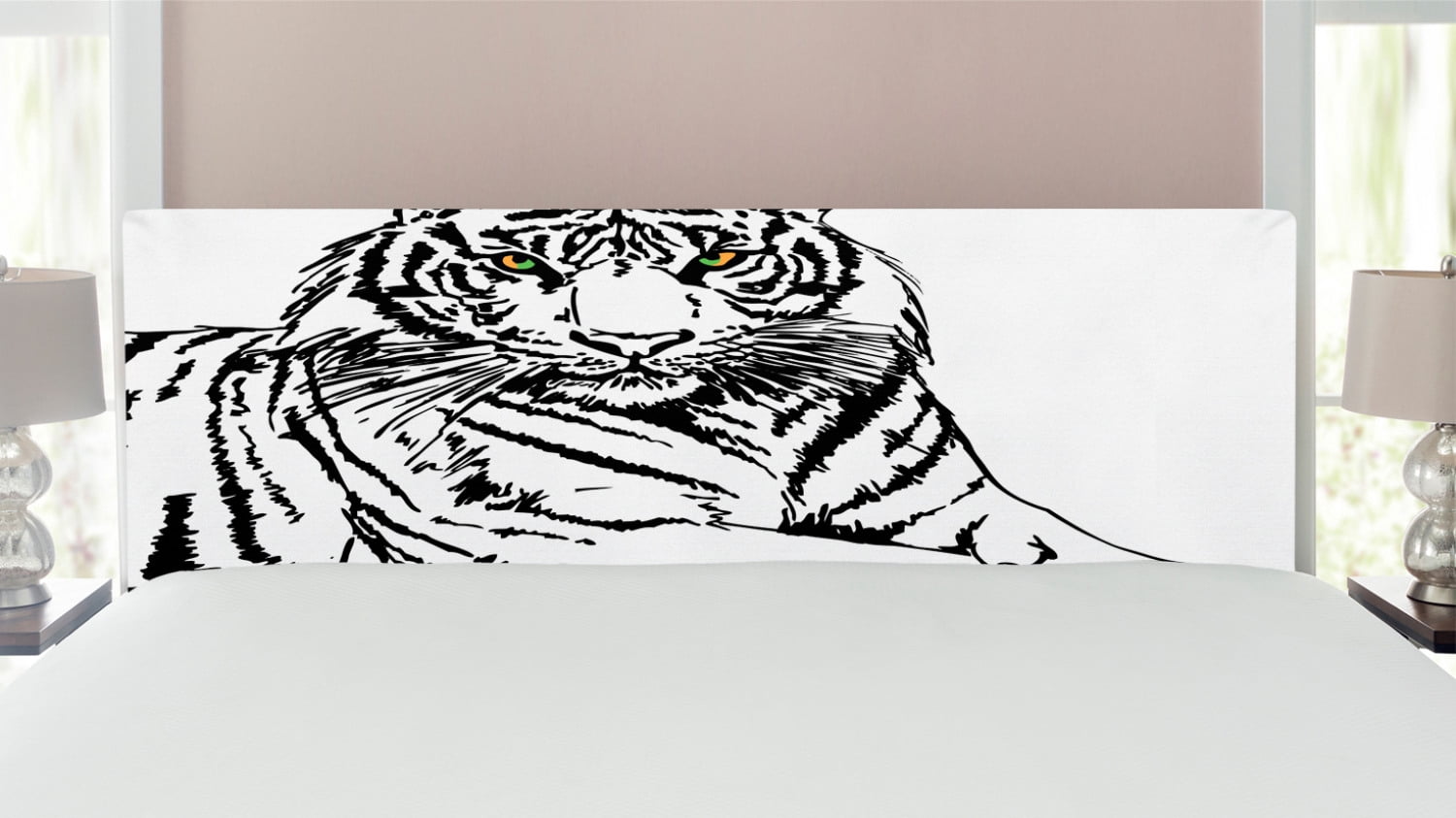Safari Headboard, Sketch of a Posing Tiger Sharp Eyes Largest Cat ...