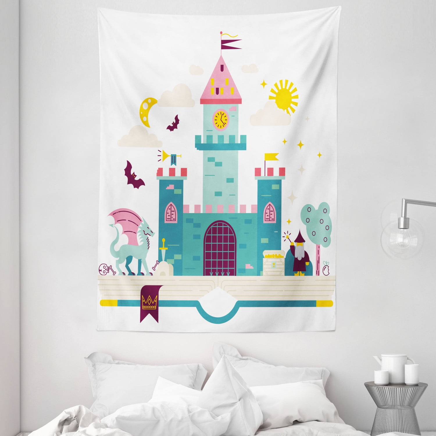 Magic Tapestry, Kids Theme Detailed Magic Kingdom Castle Dragon Wizard ...