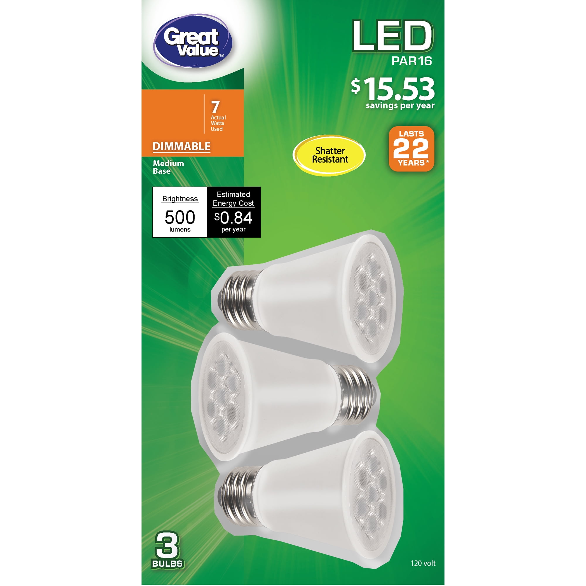 Great Value LED Light Bulb, 7 Watts (50W Equivalent) PAR16 Lamp E26 ... Great Value LED Light Bulb, 7 Watts (50W Equivalent) PAR16 Lamp E26 ...