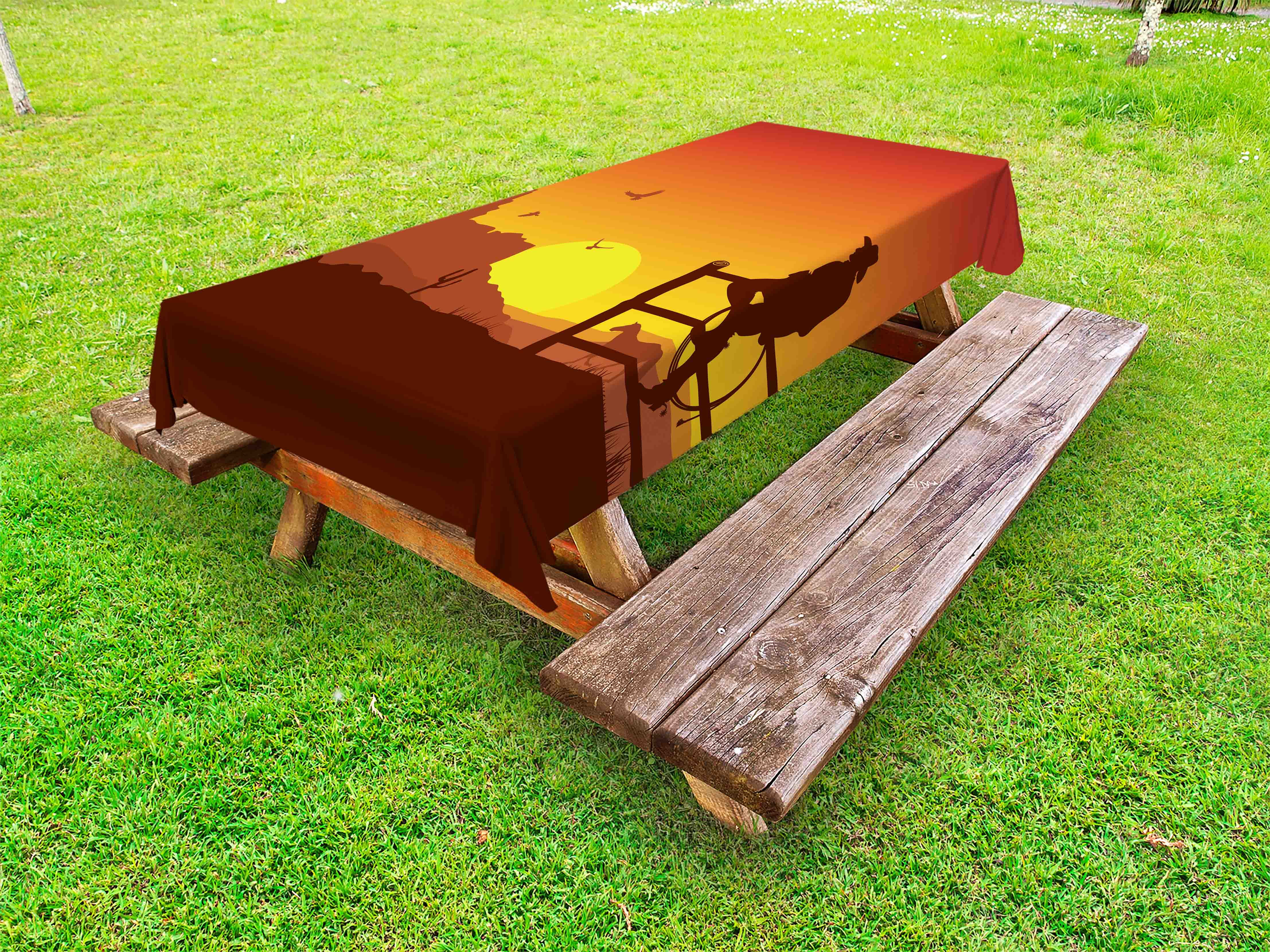 Western Outdoor Tablecloth, Silhouette of Cowboy in Wild West Sunset ...