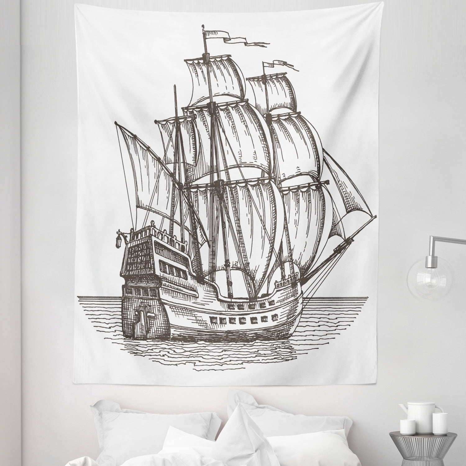 Pirate Ship Tapestry, Old Retro Style Ship Floating on Water Antique ...