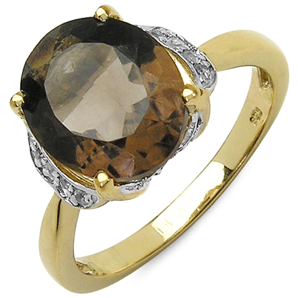 Genuine Oval Smoky Topaz and White Topaz Ring in 14k Yellow Gold Plated ...