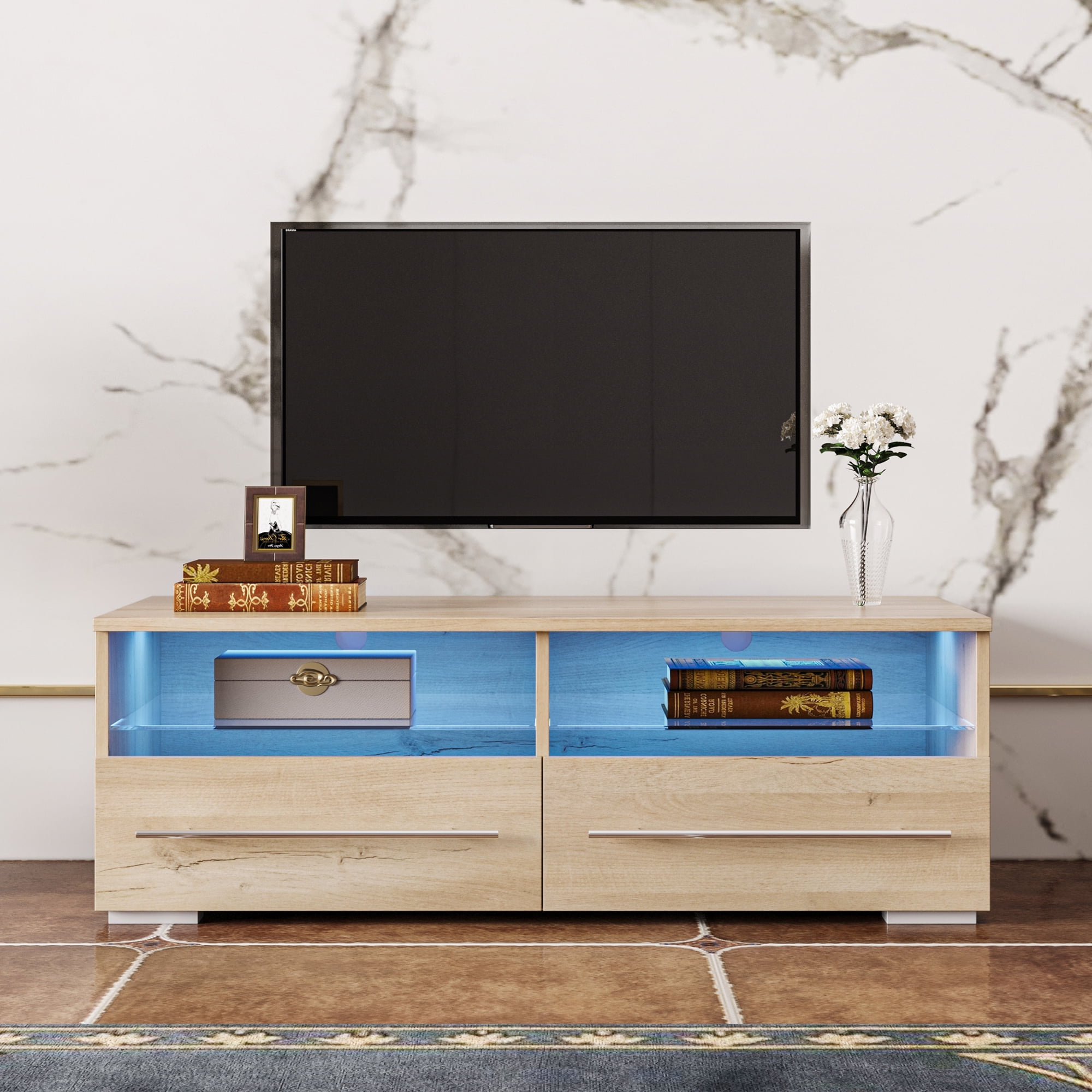 paproos TV Stand for 43 Inch TV, Oak TV Cabinet with 16 Colors LED ...