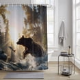 Bear Fishing Shower Curtain, Forest Stream Animals Sunset Waterproof ...