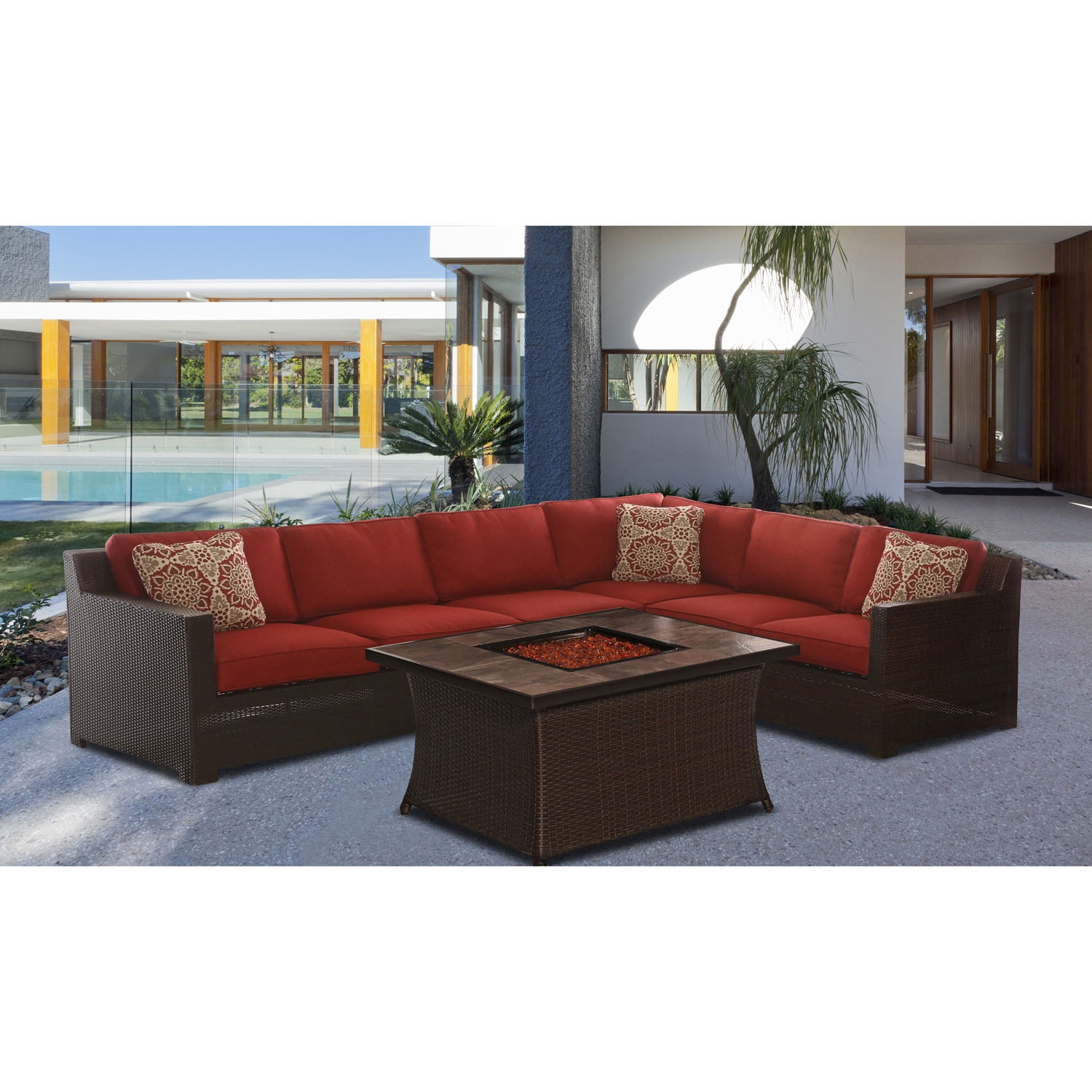 Hanover Metropolitan Woven Fire Pit Lounge Set with Faux-Stone Tile Top ...