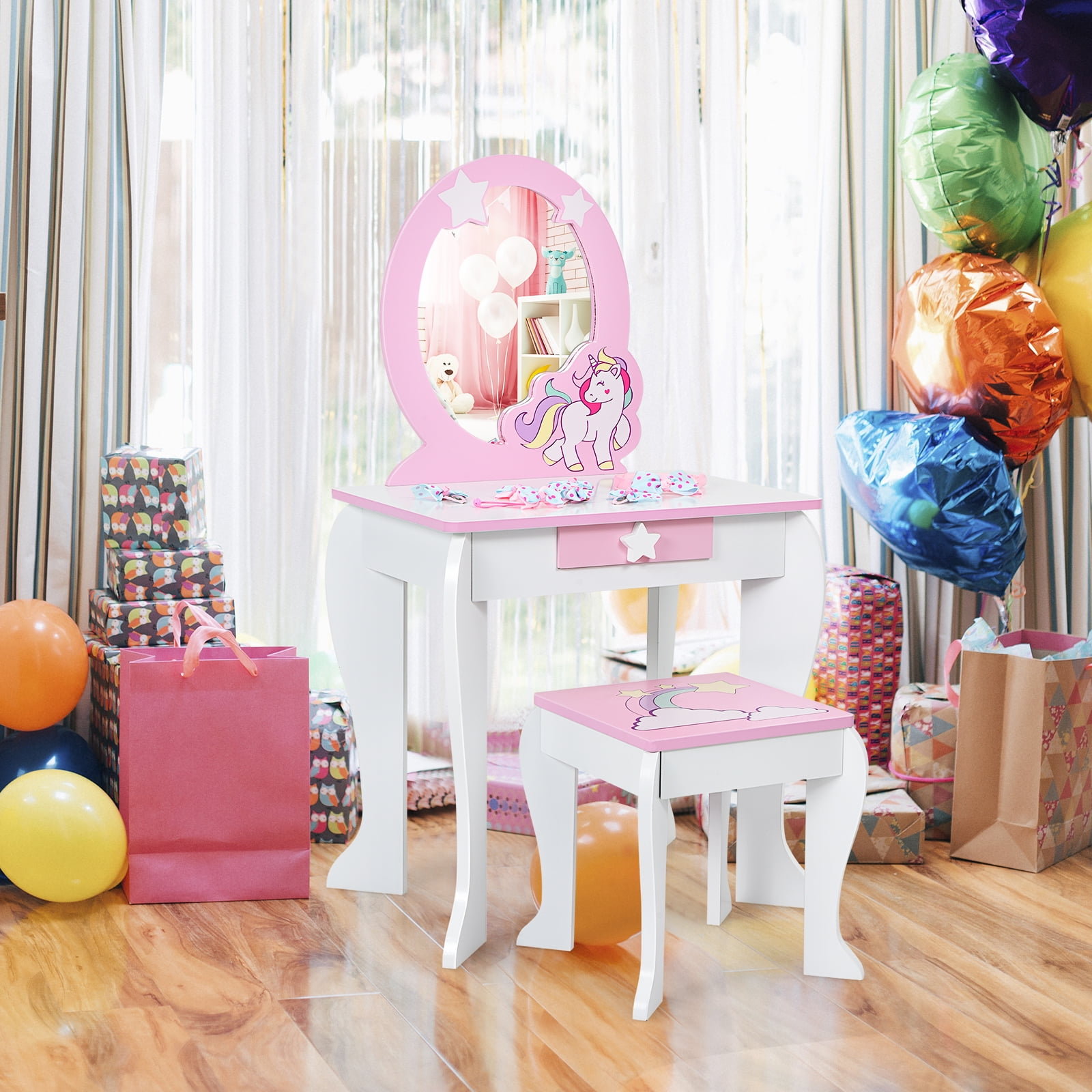 Kids Wooden Makeup Dressing Table and Chair Set with Mirror and Drawer White costway
