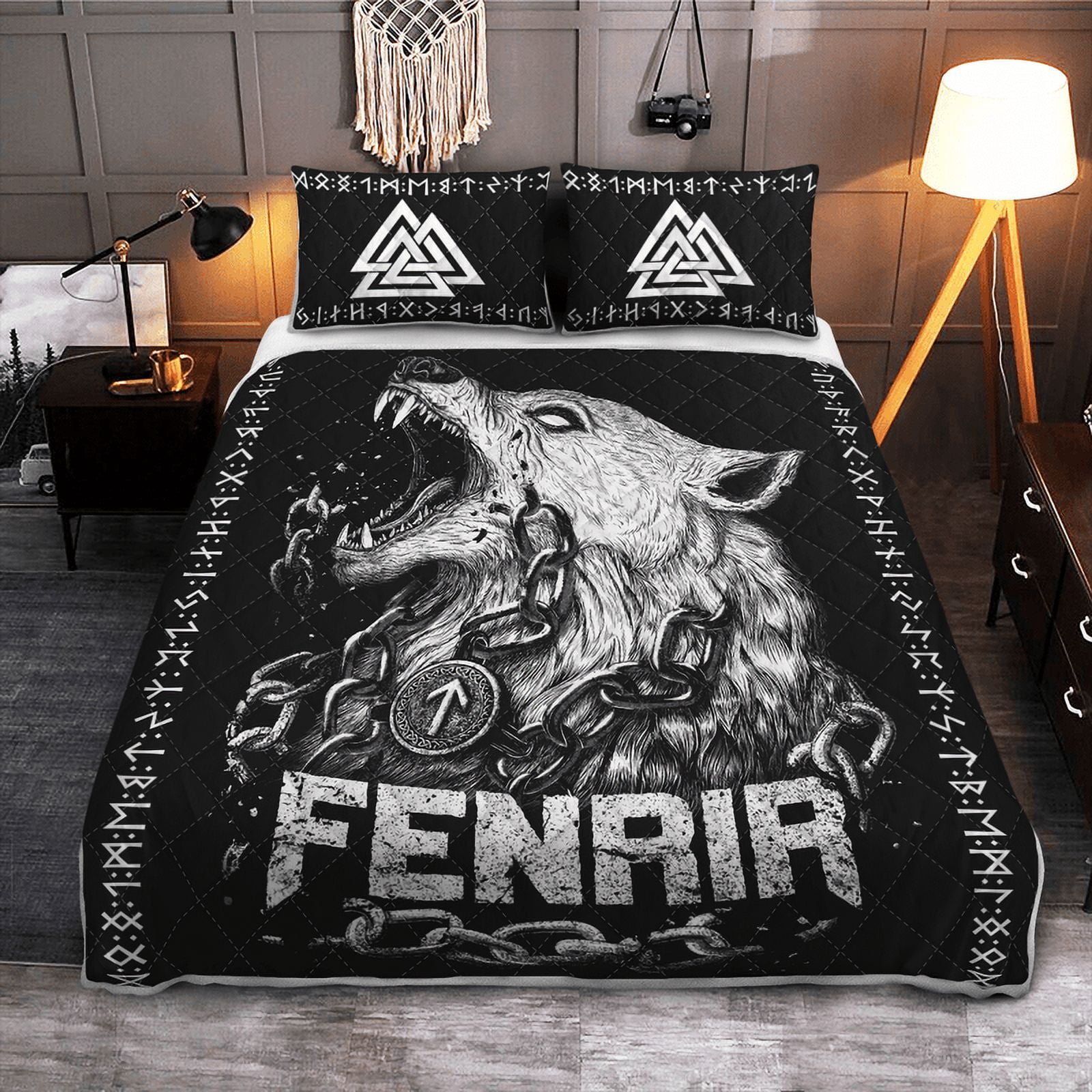 Viking Doona Cover - Fenrir Wolf And Valknut - Viking Quilt Bed Set ...
