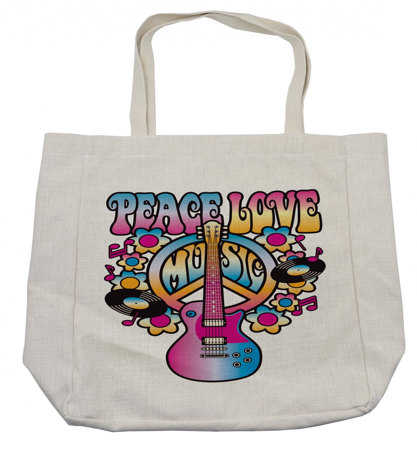 Groovy Shopping Bag, Peace Love Music Text Guitar Records Flowers ...