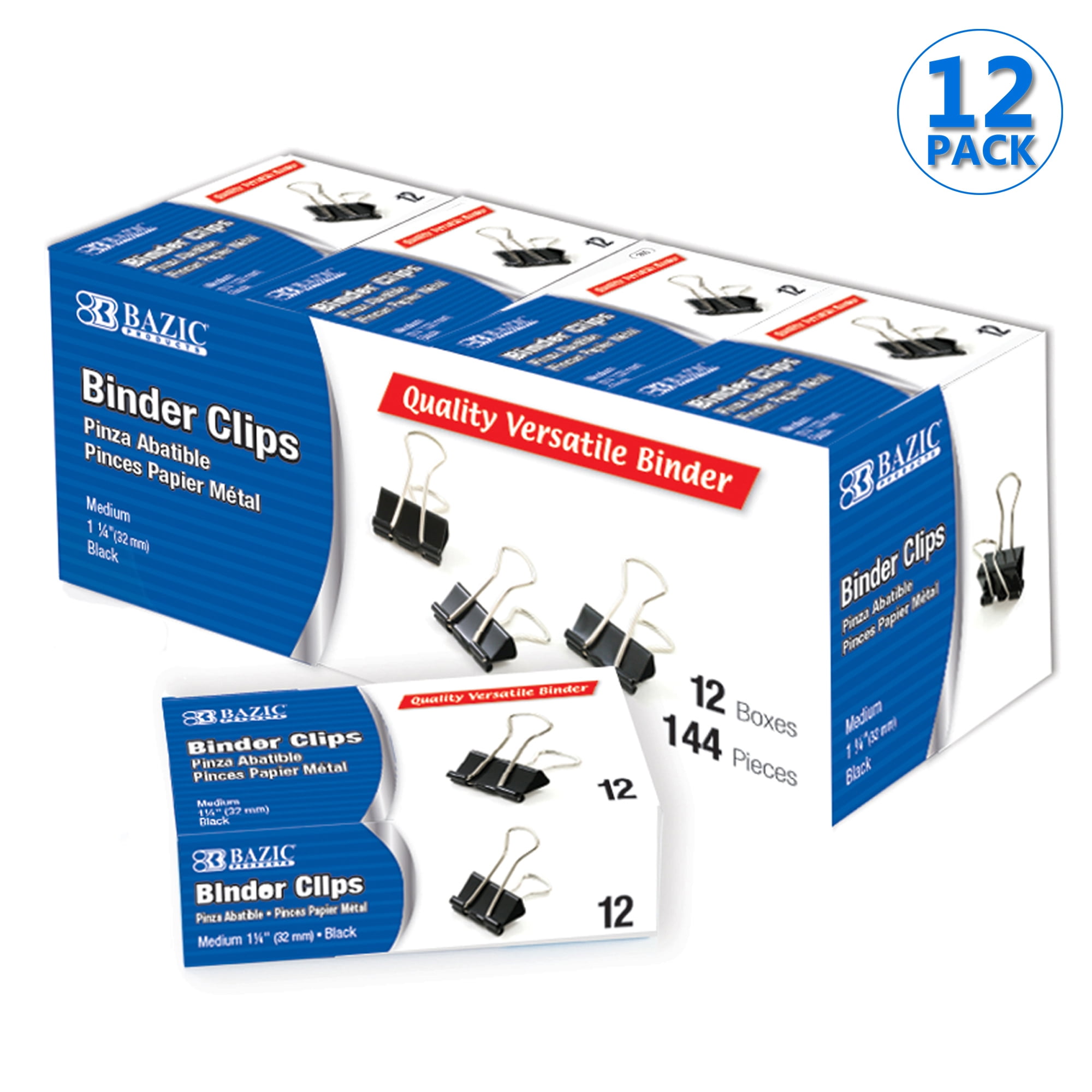 BAZIC Binder Clips Medium 1 1/4" (32mm) Black, Paper Clip(12/Pack), 12 ...