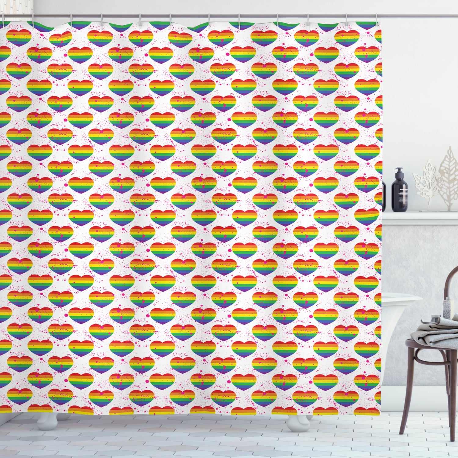 Pride Day Shower Curtain Lgbt Rainbow Hearts Valentines Watercolor