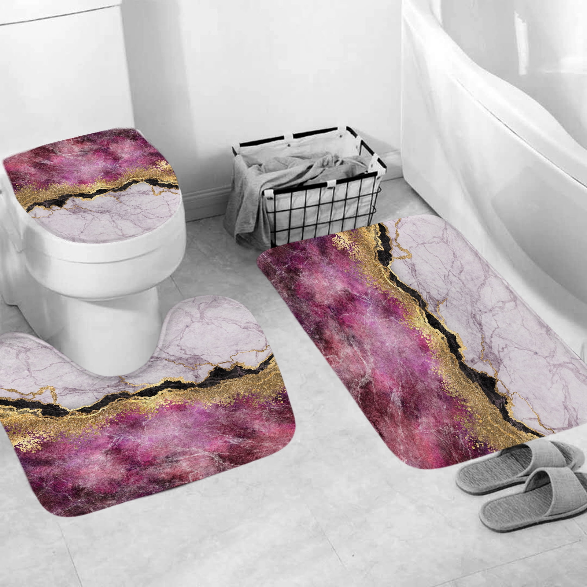 3 Pcs Abstract Marble Stone Pink White Bathroon Non Slip Pedestal Rug ...