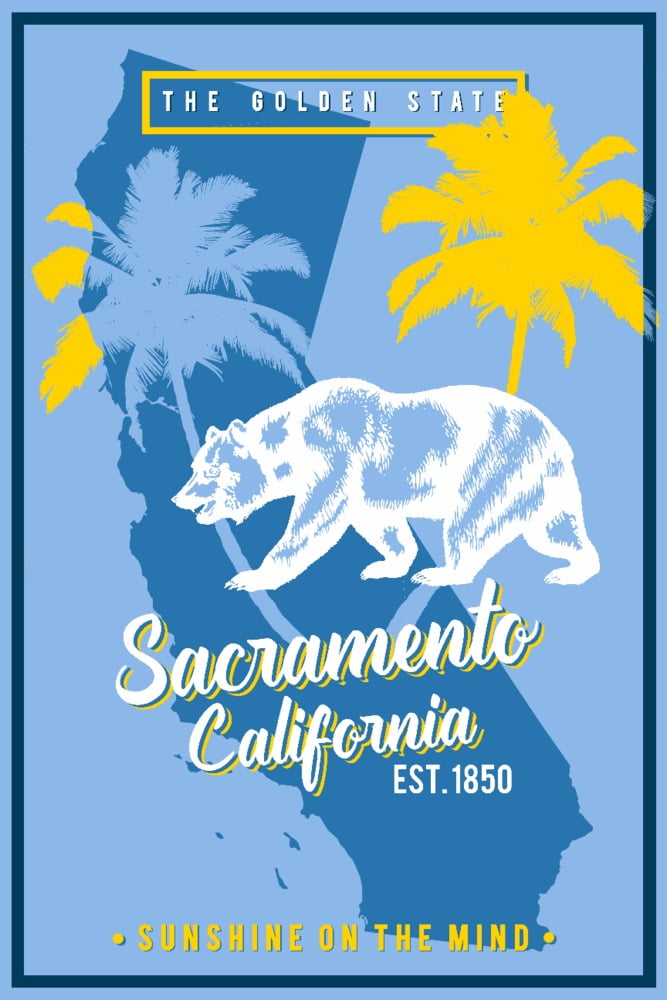 Sacramento, California, State Outline, Urban Traveler, Blue and Yellow ...
