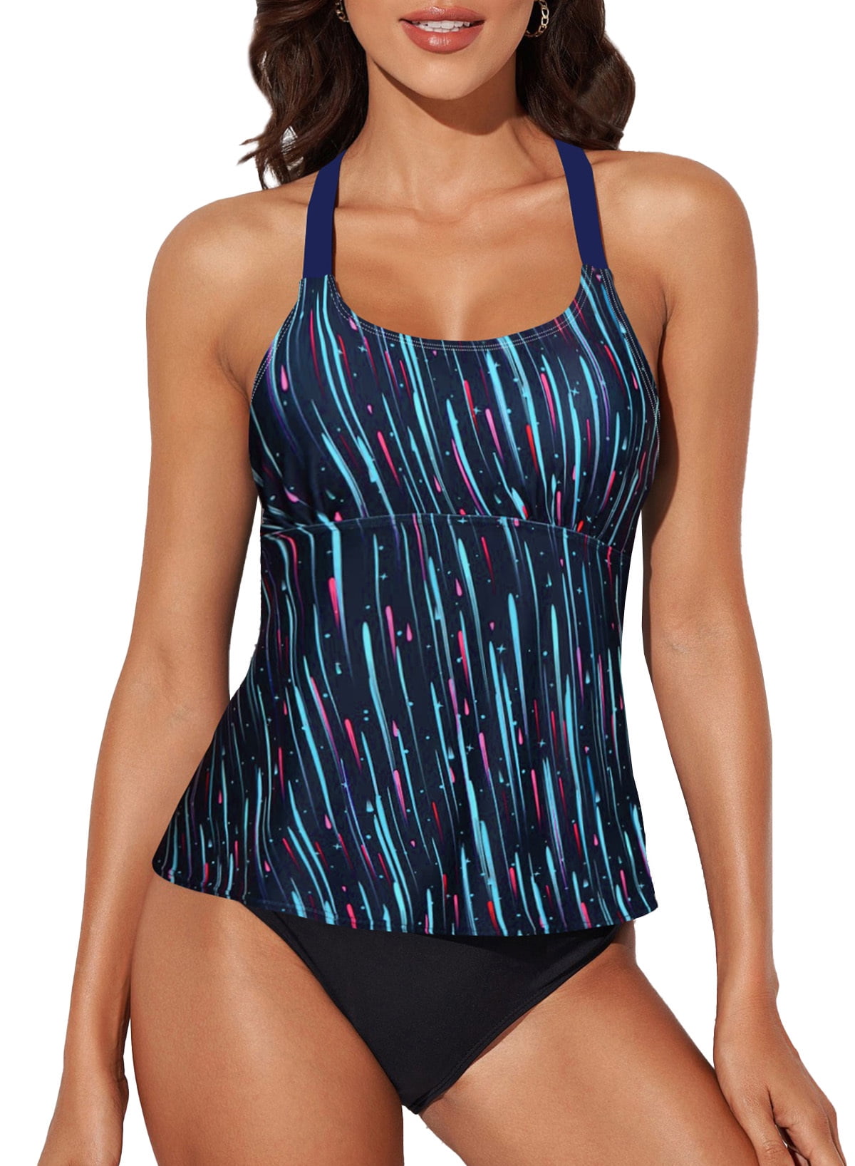 Womens Tankini Swimsuit Striped Printed Strappy Racerback Tankini Swim