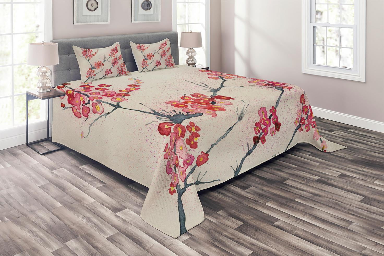 Ambesonne Floral Quilted Coverlet 3 Pcs, Vintage Sakura Flowers, King ...