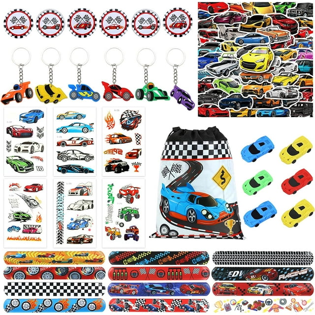 Race Car Party Favors Set Drawstring Gift Bags Keychains Straws Slap ...