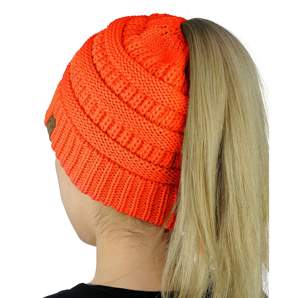 C.C BeanieTail Soft Stretch Cable Knit Messy High Bun Ponytail Beanie ...