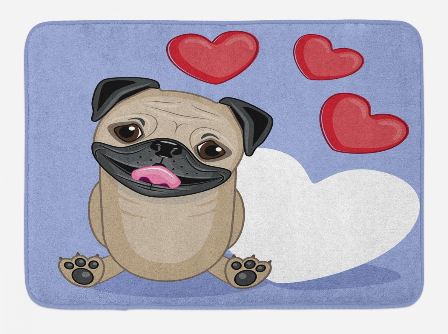 Pug Bath Mat, Happy Cute Dog Licking Its Lips with Three Red and One ...