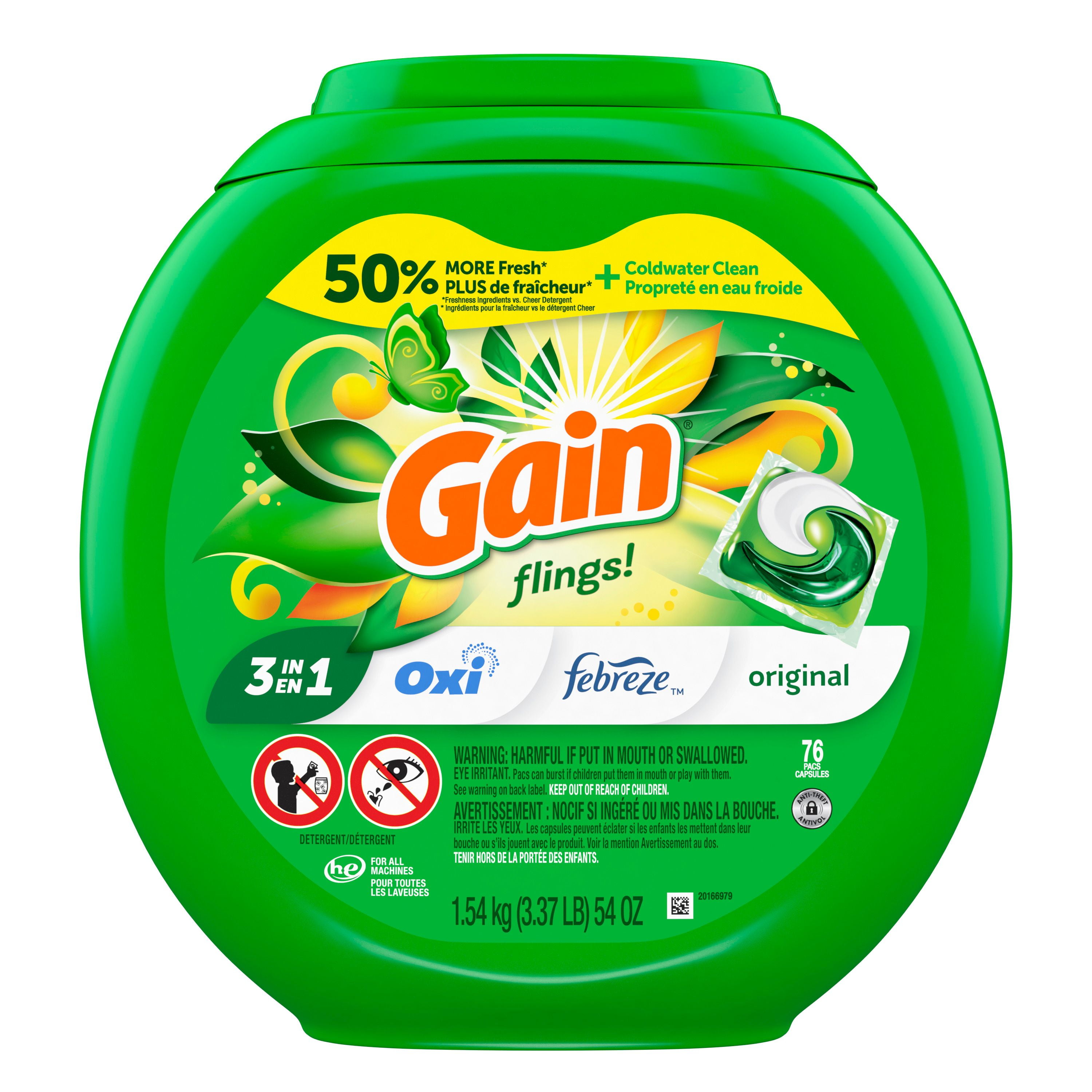 Gain Flings Laundry Detergent Pacs, Original Scent, with Odour Defense ...