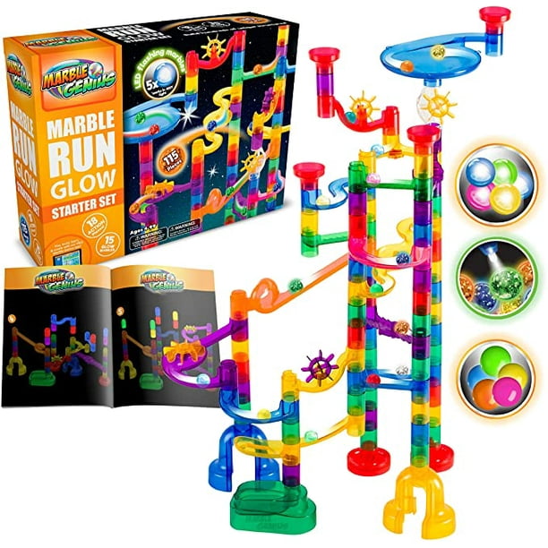 Marble Genius Glow Marble Run Starter Set - 115 Complete Pieces + Free ...