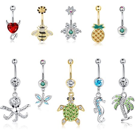 SAILIMUE 10Pcs 14G Dangle Belly Button Rings 316L Surgical Steel Belly ...
