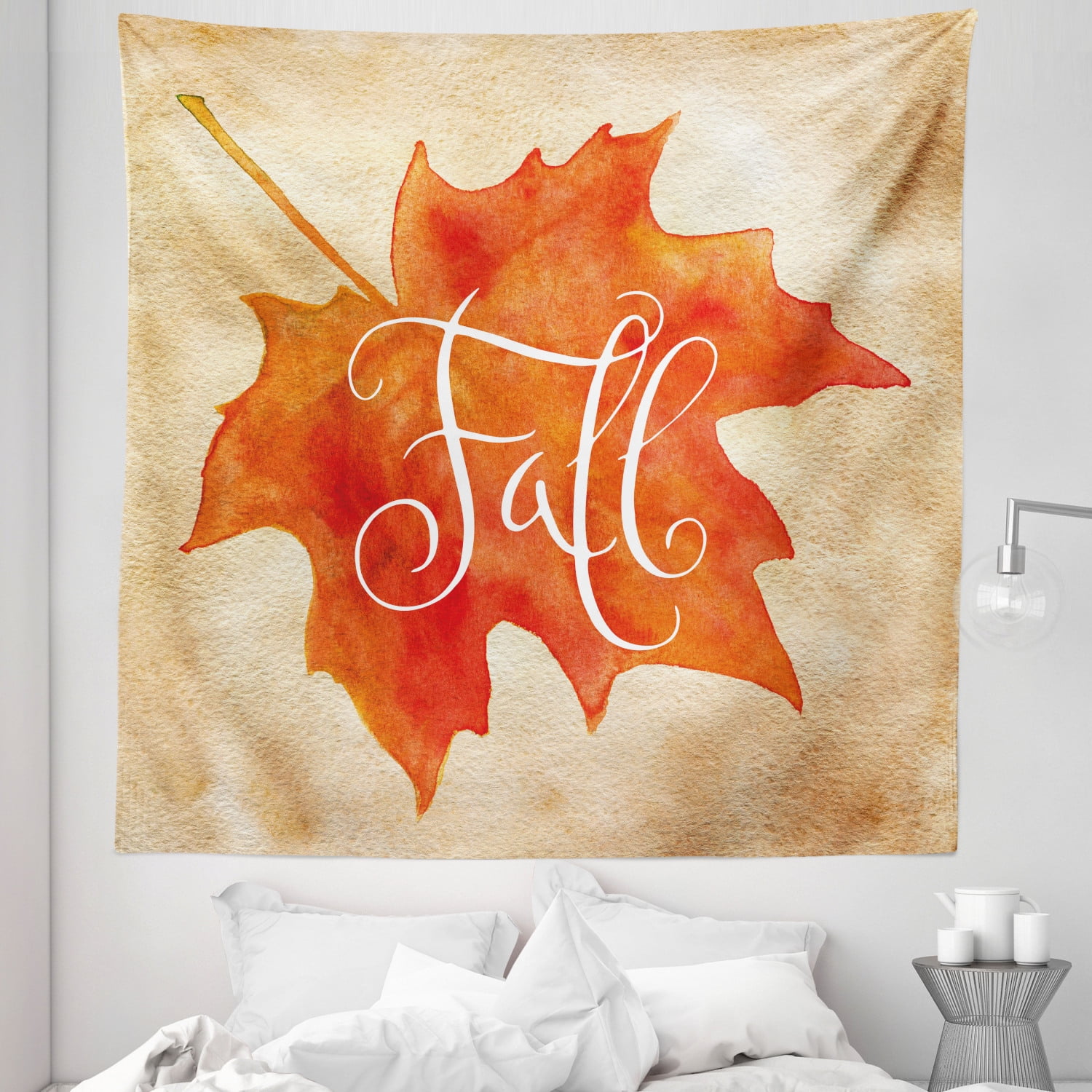 Fall Tapestry, Vivid Watercolor Style Maple Leaf Fall Word on Vintage ...