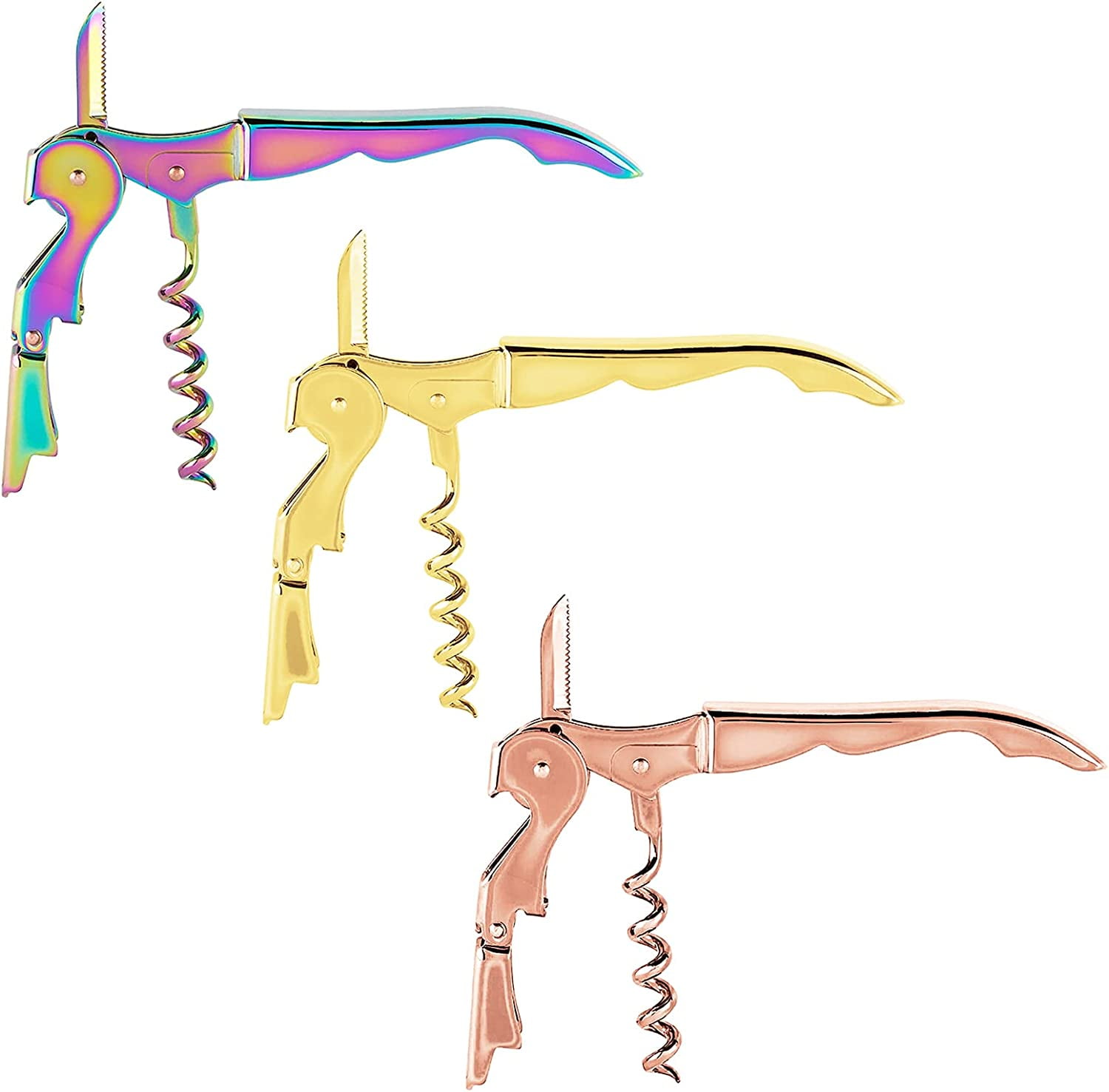 Corkscrews Wine Key Double Hinge Wine Opener Waiter Corkscrews Rainbow + Gold + Rose Gold 3 PCS ...