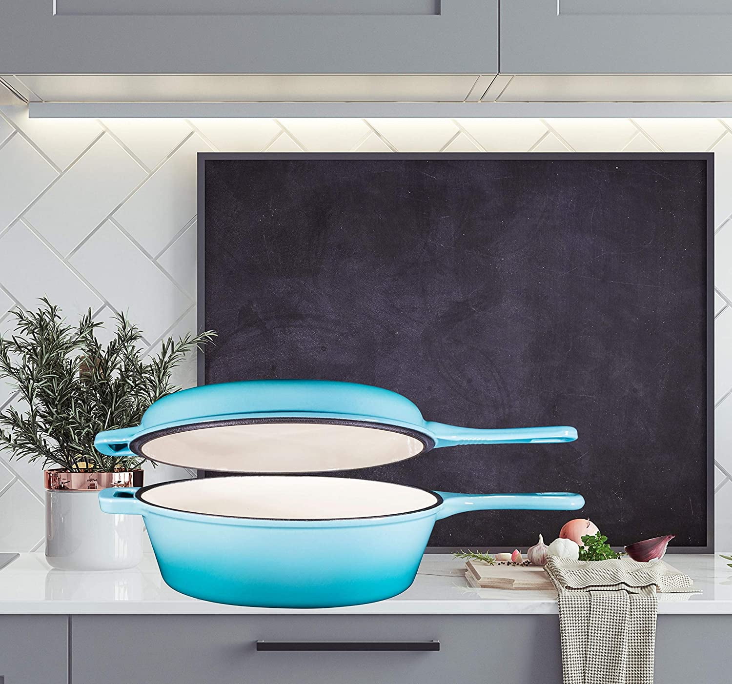 Buy Enameled Blue 2-in-1 Cast Iron Multi-Cooker Heavy Duty Skillet and ...