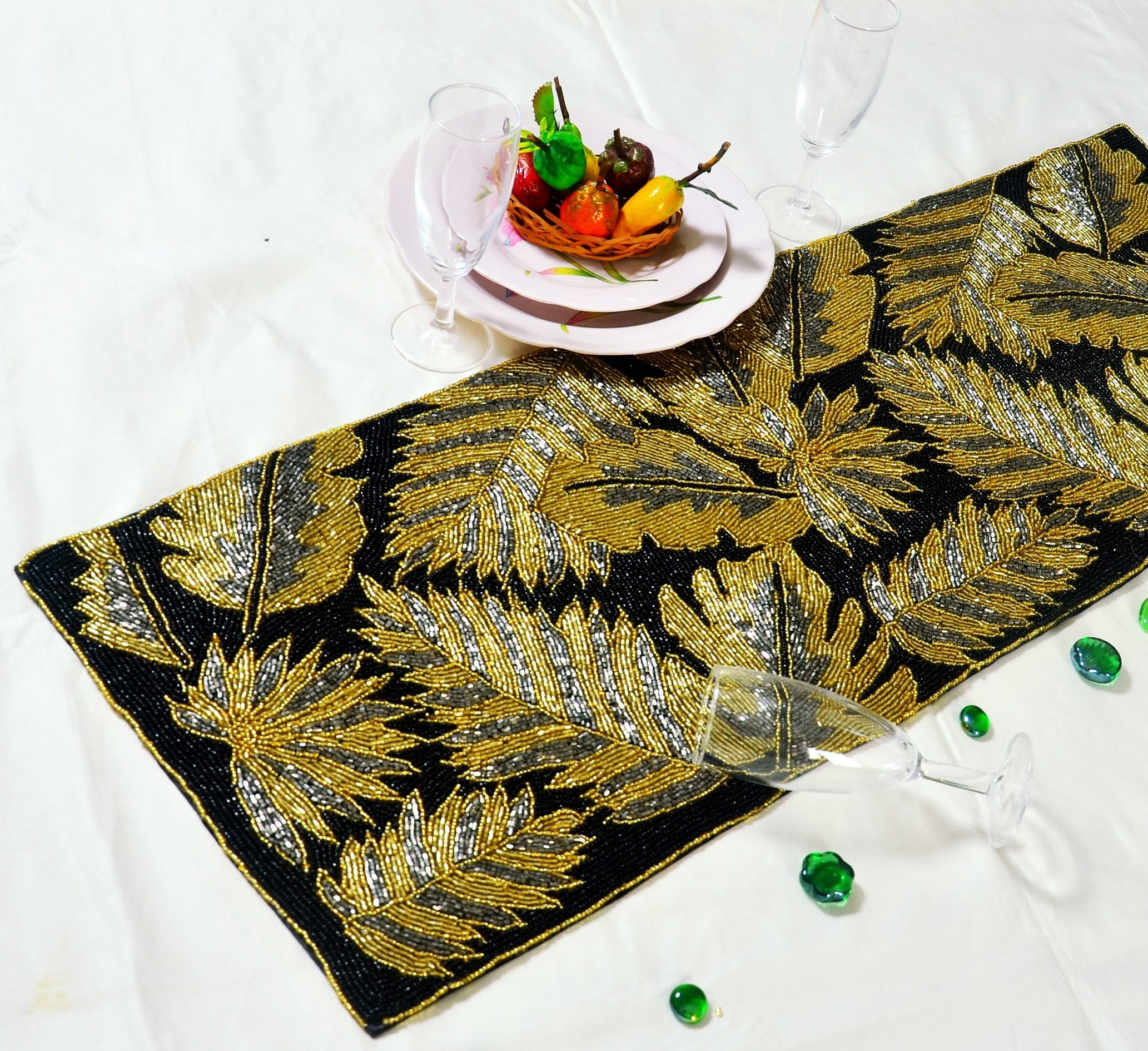 Black and gold leaves table runner, Handmade table runner, beaded fall ...