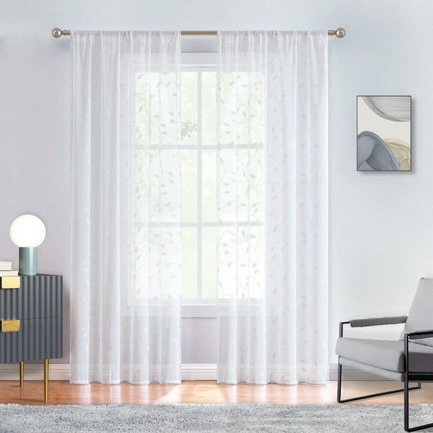 Fragrantex Spring Embroidered Leaf White Sheer Curtains 63 inch Length ...