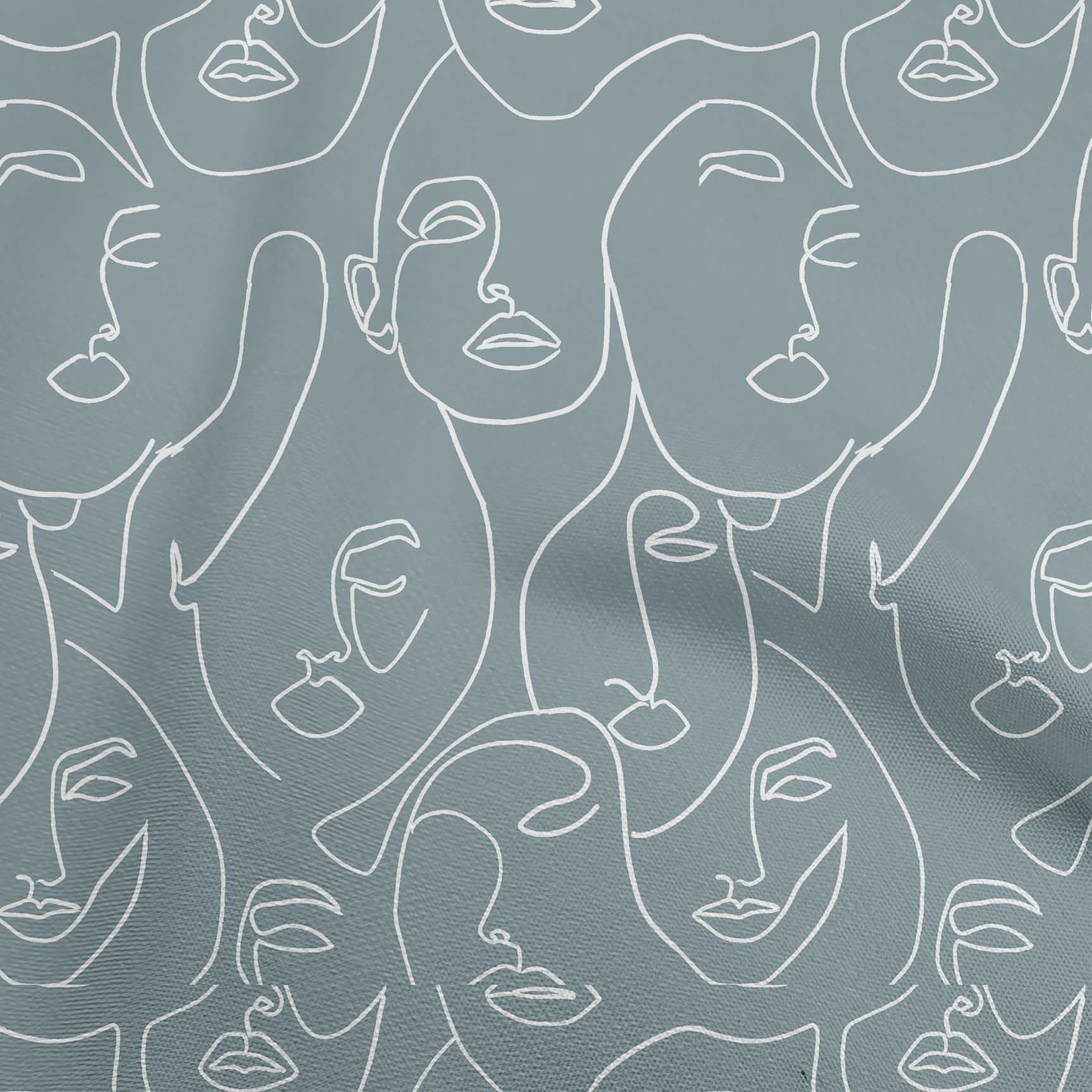 oneOone Cotton Poplin Dusty Blue Fabric Line Drawing Face Fabric For ...