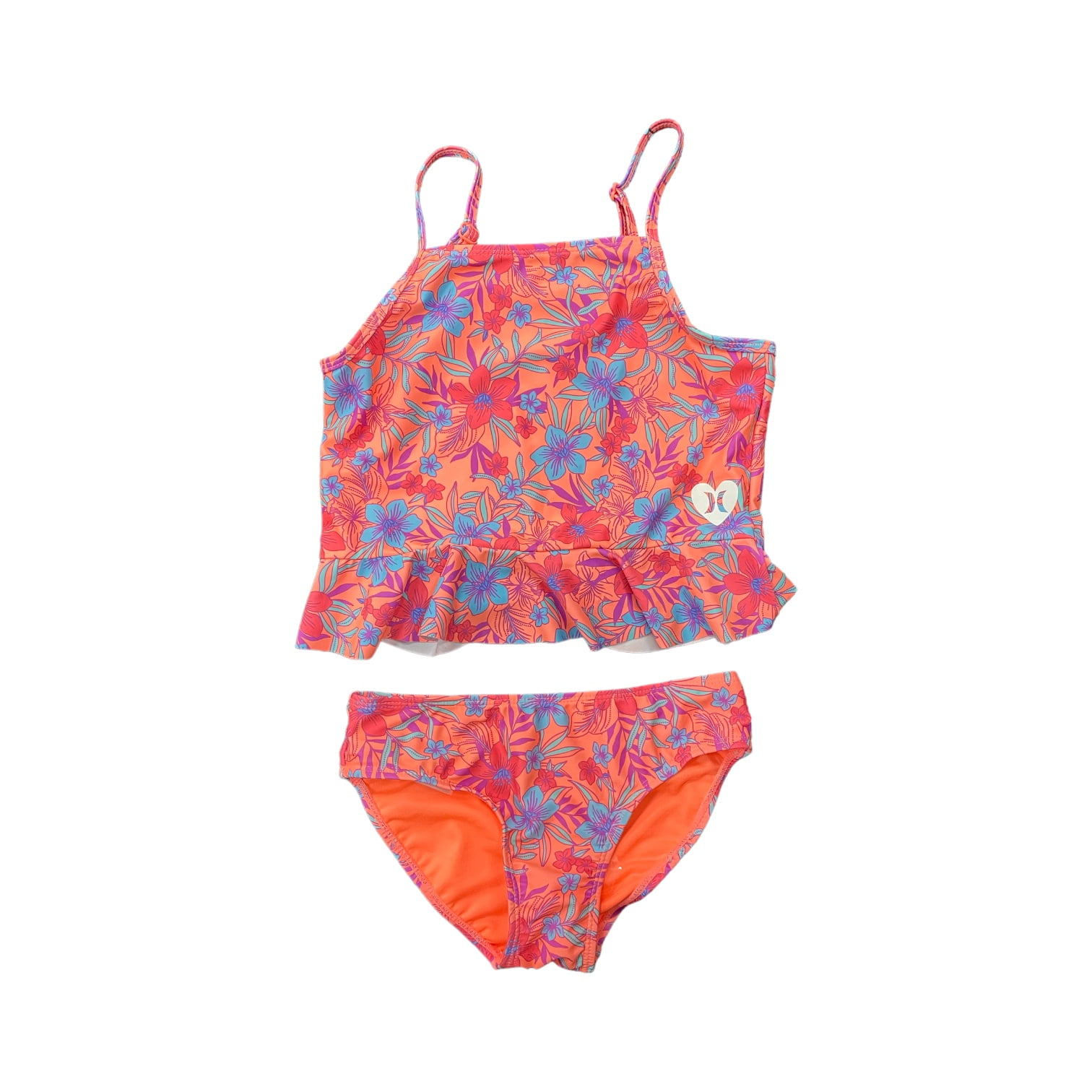 Hurley Girl's UPF 50+ Palm Tree Tankini Swimsuit Set (Sunset Glow, 7/8 ...