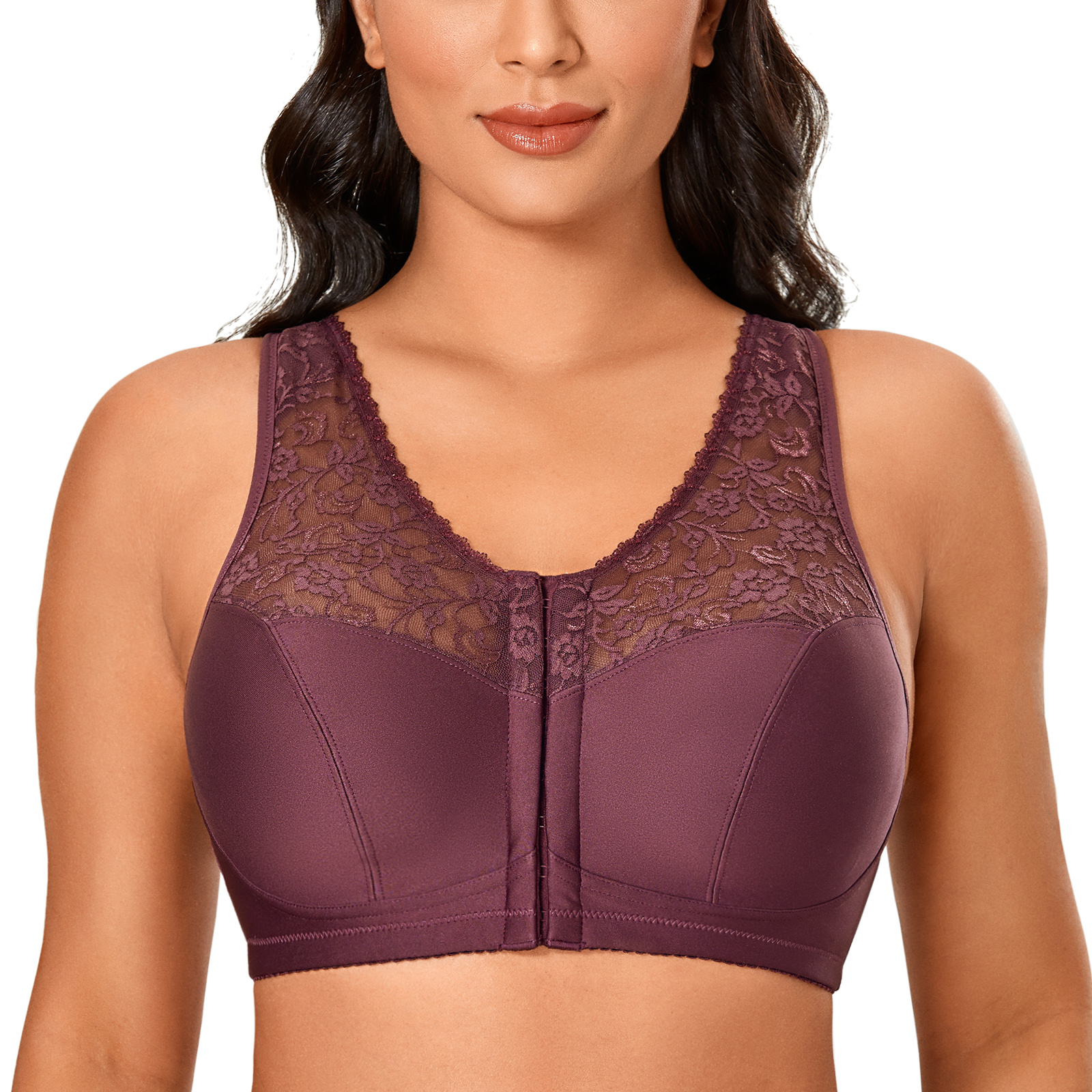 DELIMIRA Women's Full Coverage Wirefree Lace Plus Size Front Closure Bra Racerback - Walmart.com