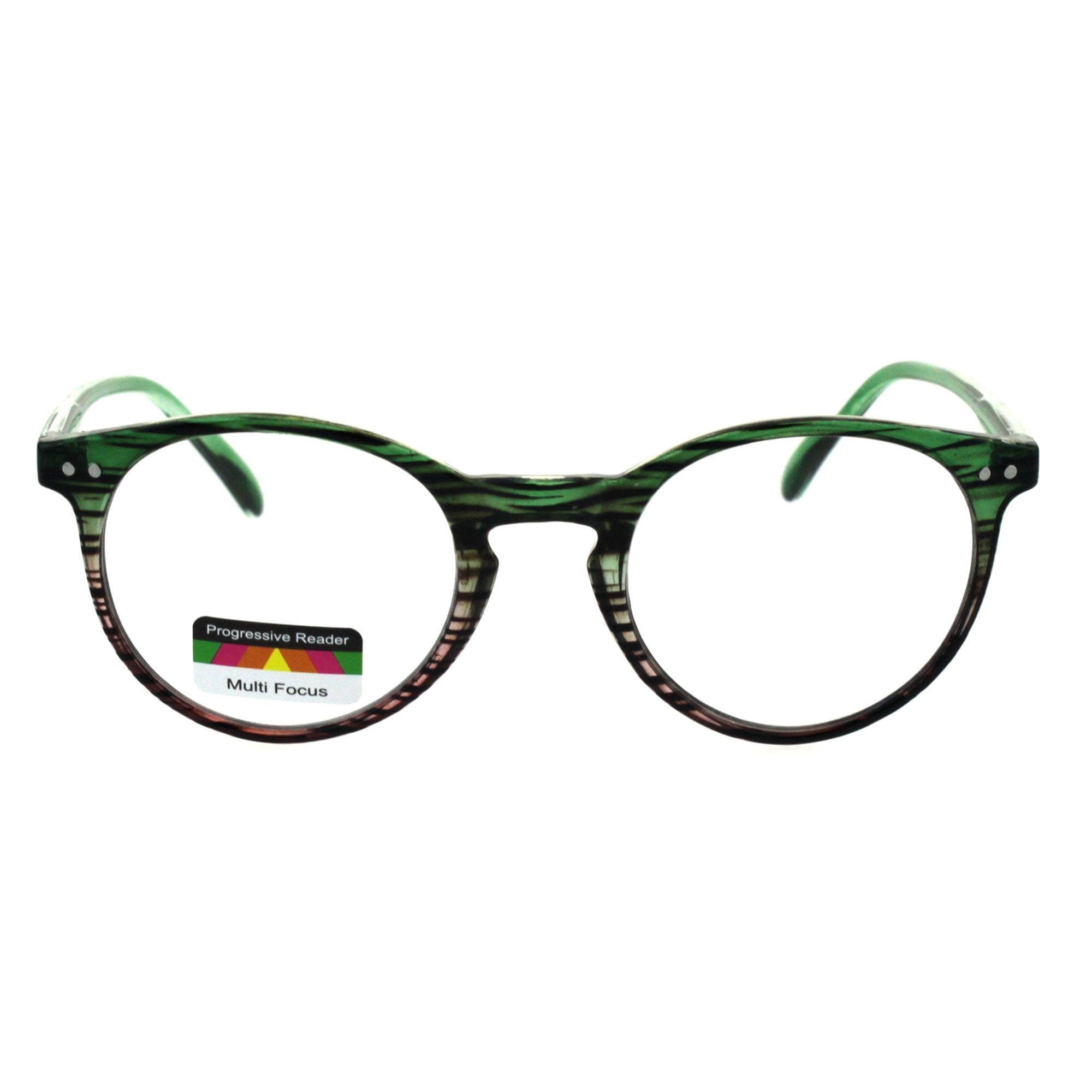 Round Keyhole Thin Plastic Horn Rim Tri Focal Progressive Reader Eyeglasses Green Pink Stripe 1