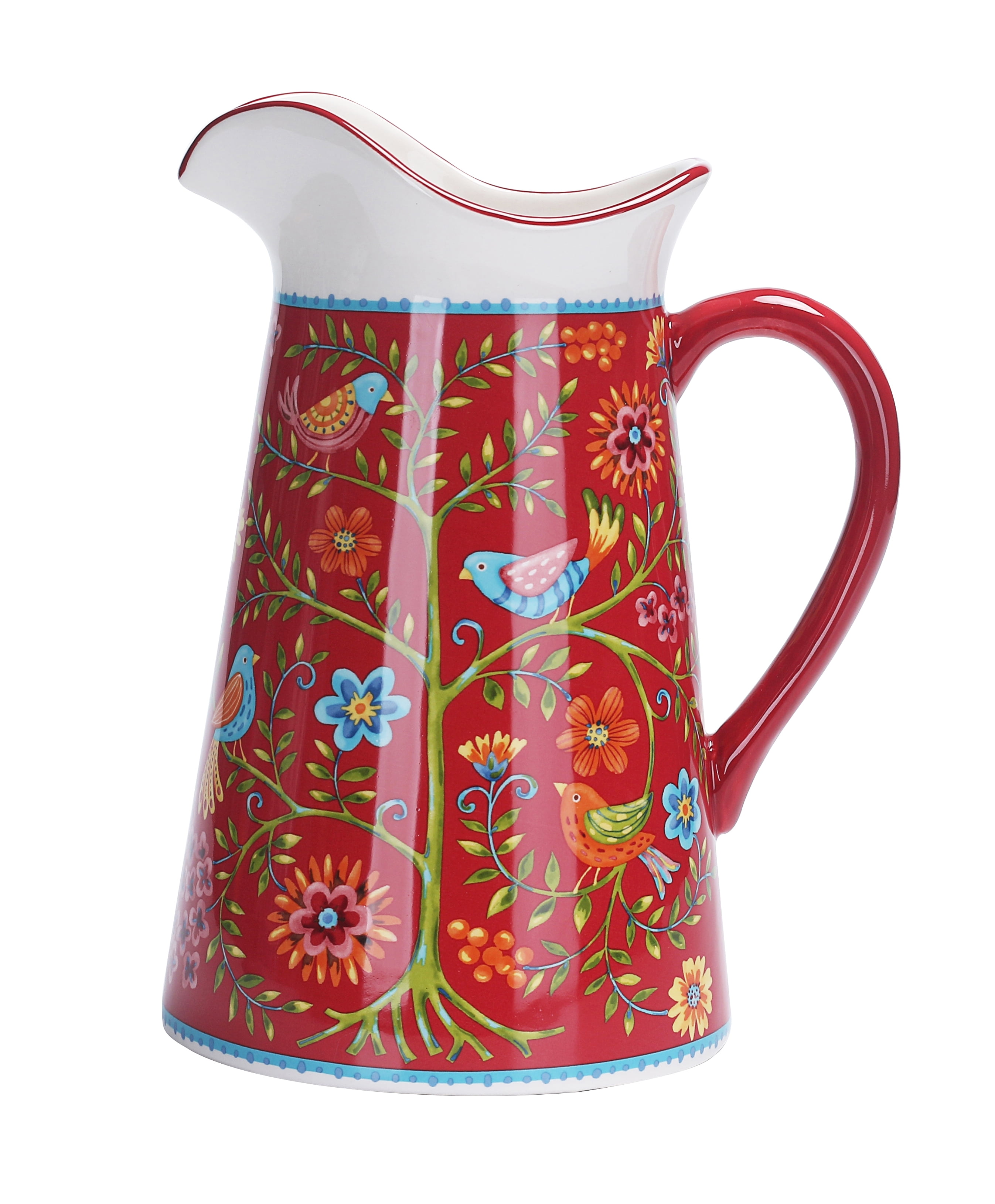 Bico Red Spring Bird Ceramic Water Carafe, 2.5 Quarts Pitcher, Floral ...