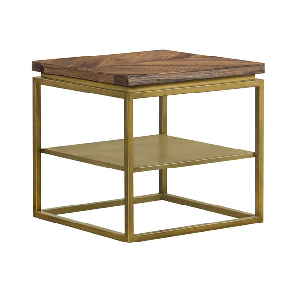 Faye Rustic Brown Wood Side table with Shelf and Antique Brass Base ...