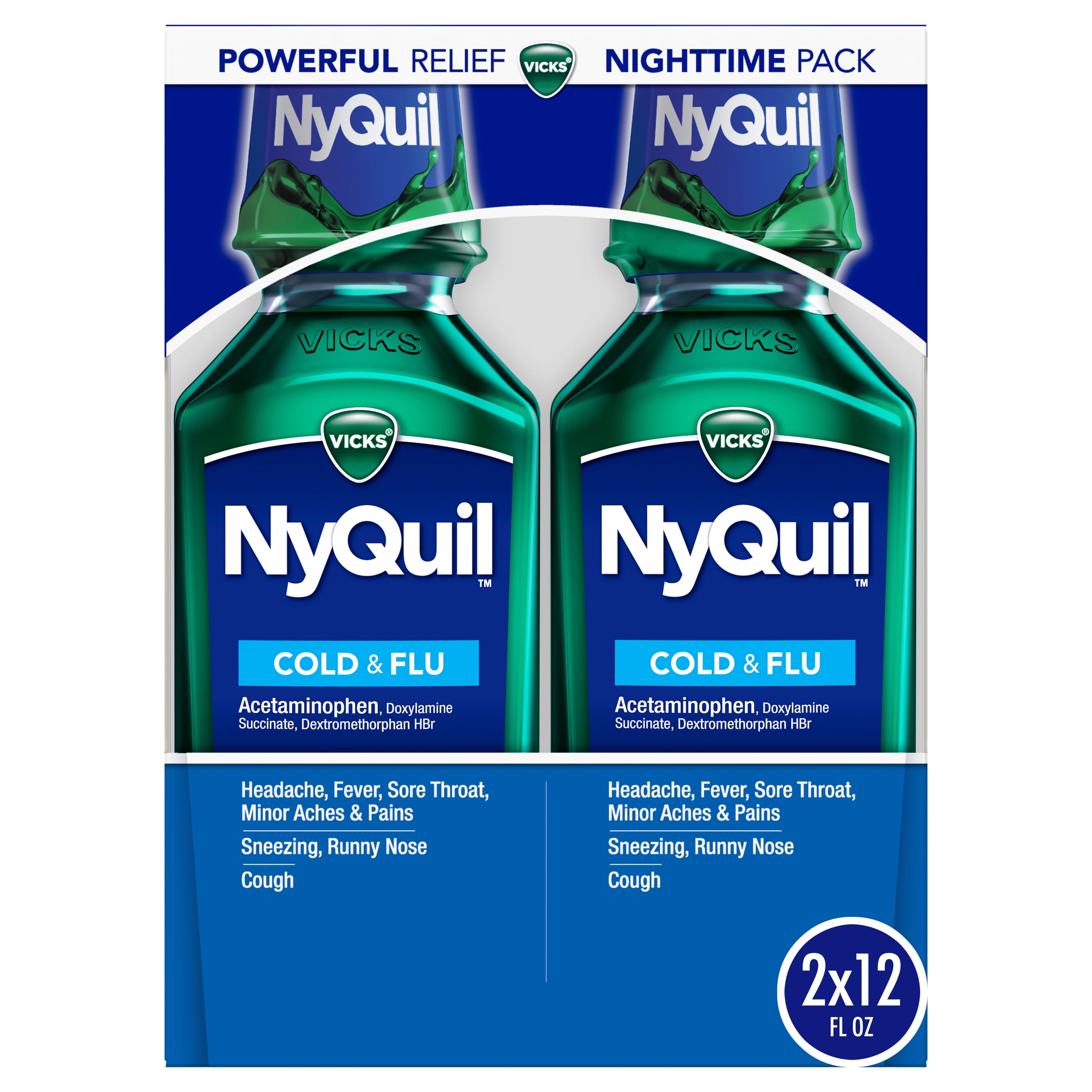 Vicks NyQuil Nighttime Cold & Flu Medicine, Twin Pack, 2 x 12 fl oz ...