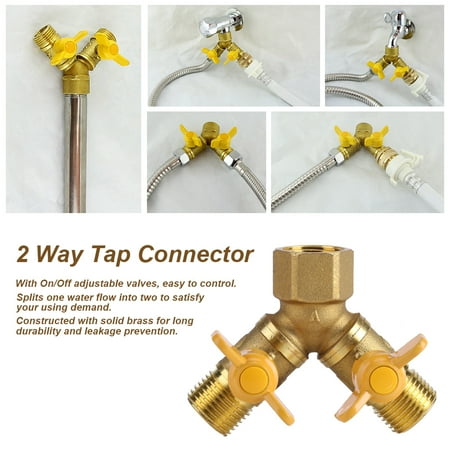 Qiilu G1/2 Brass Garden Irrigation 2 Way Double Tap Hose Adapter Dual ...