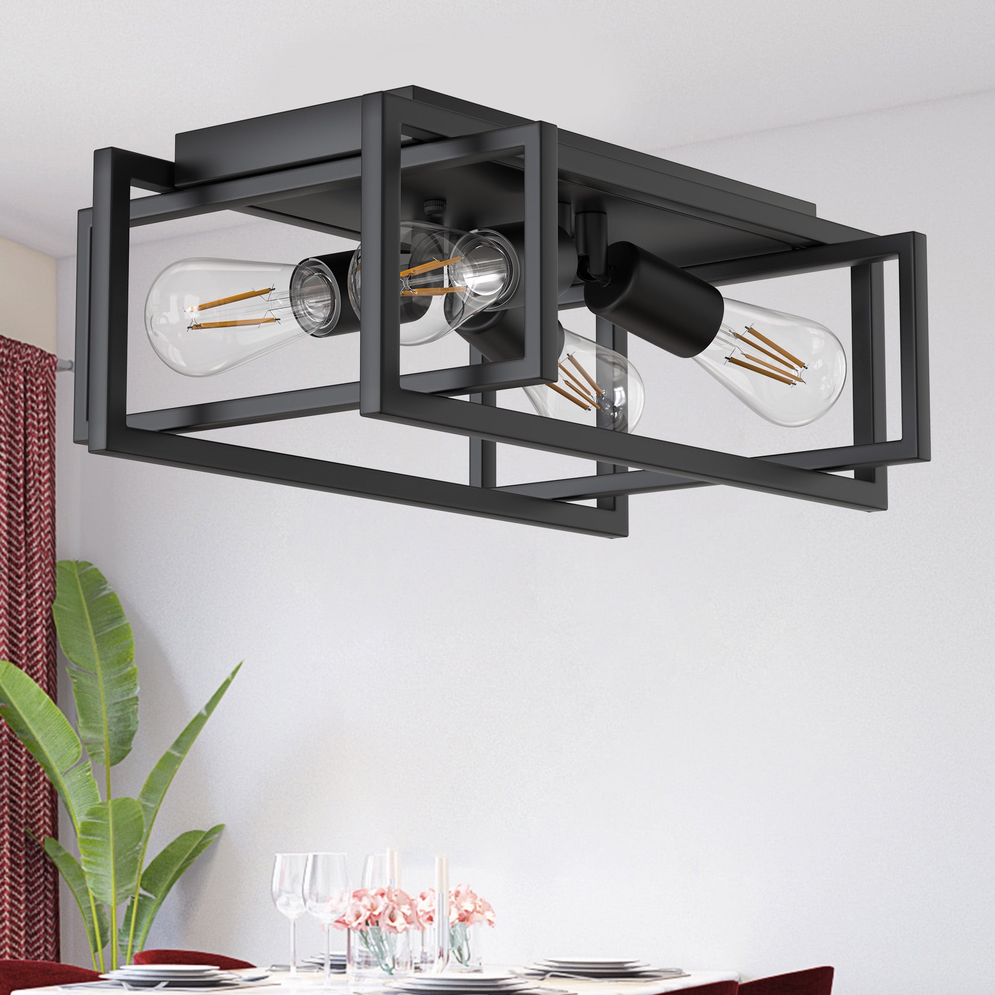 4-Light Ceiling Light Semi Flush Mount ,Black Metal Kitchen Fixture ...