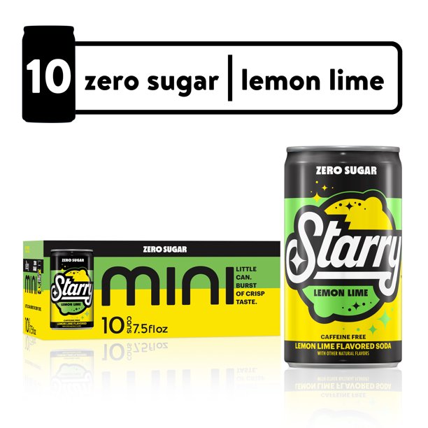 Starry Zero Sugar Lemon Lime Soda Pop, 7.5 fl oz, 10 Pack Mini Cans ...