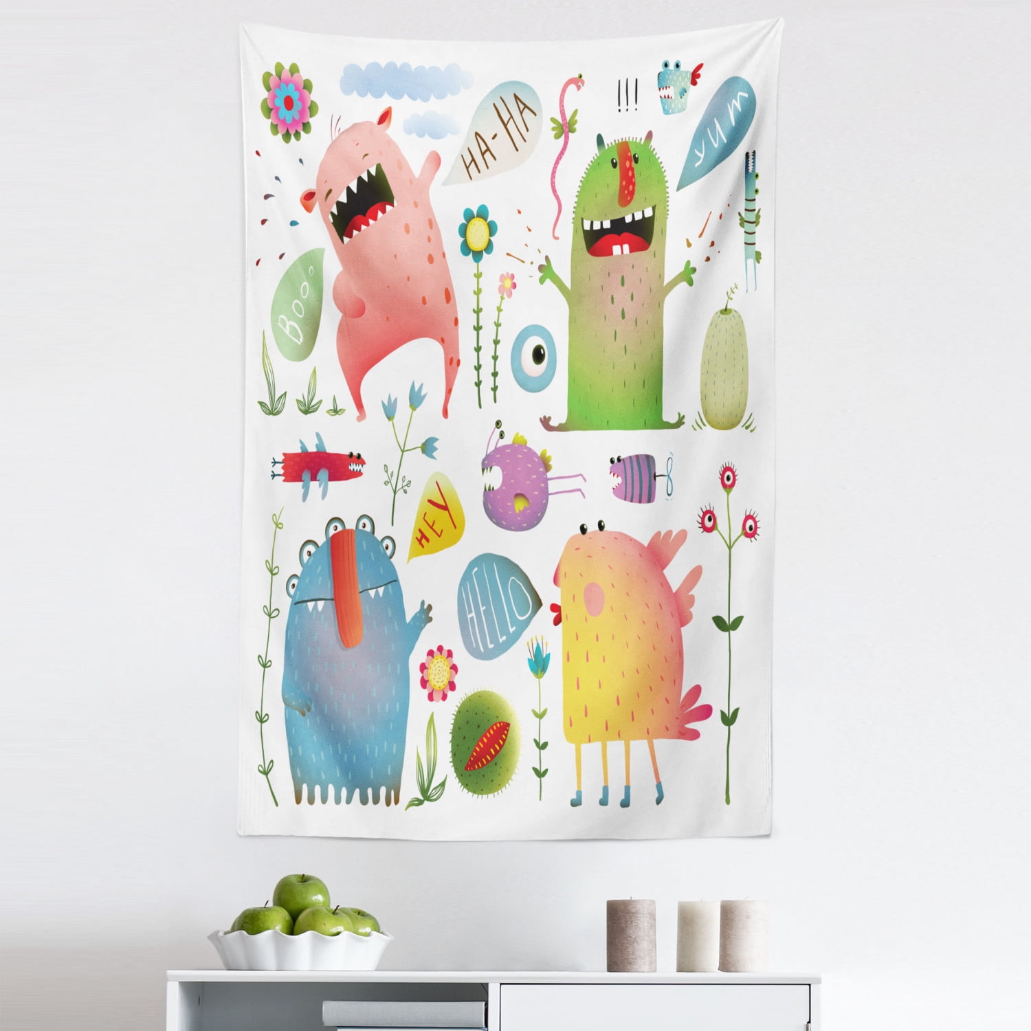 Monster Tapestry, Alien Creatures Laughing Design with Flowers Cartoon ...
